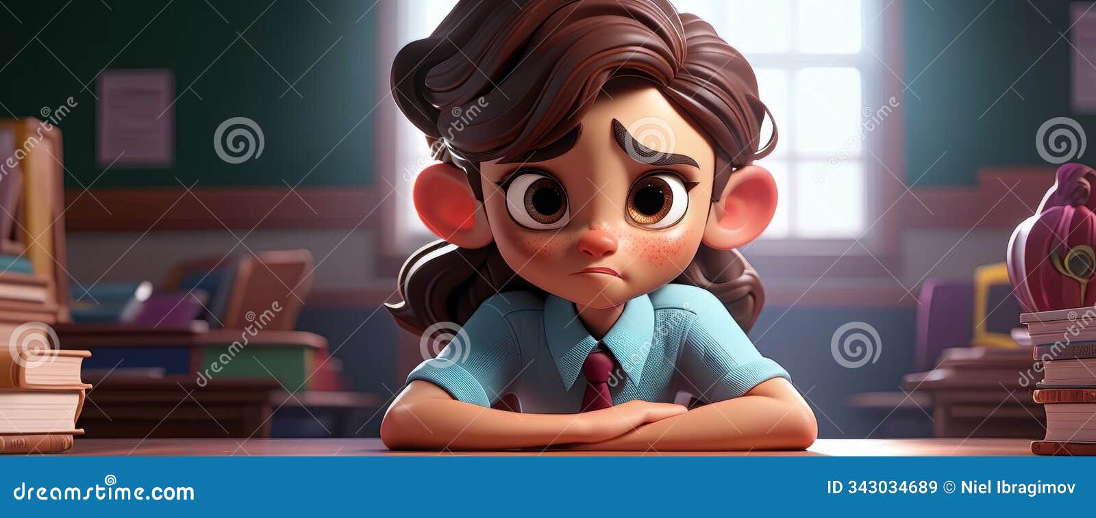 Animated Student with Worried Expression in Classroom Setting Stock ...