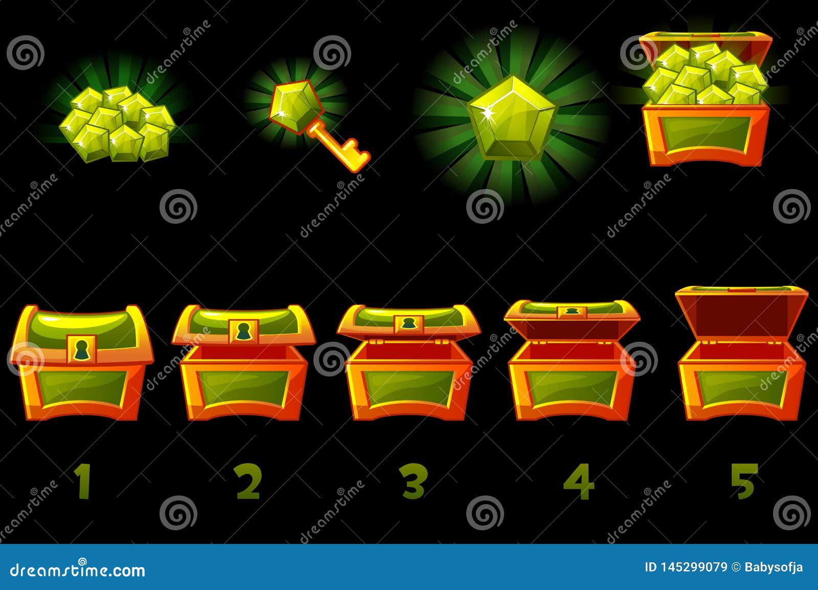 Animated Treasure Chest with Green Precious Gem. Step by Step, Full and ...