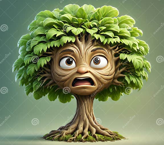 Animated Tree Character with Expressive Face in Green Environment Stock ...