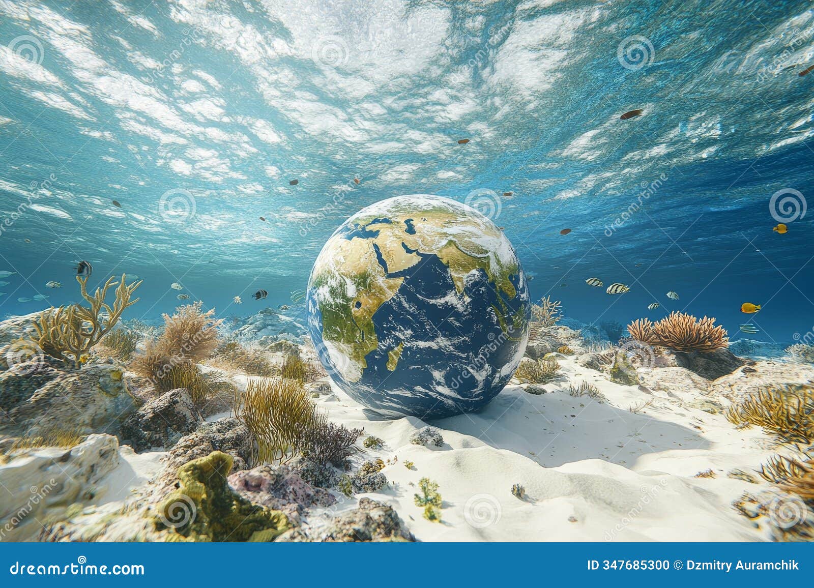 An Animated Underwater View With A Coral Reef And A Globe Representing ...