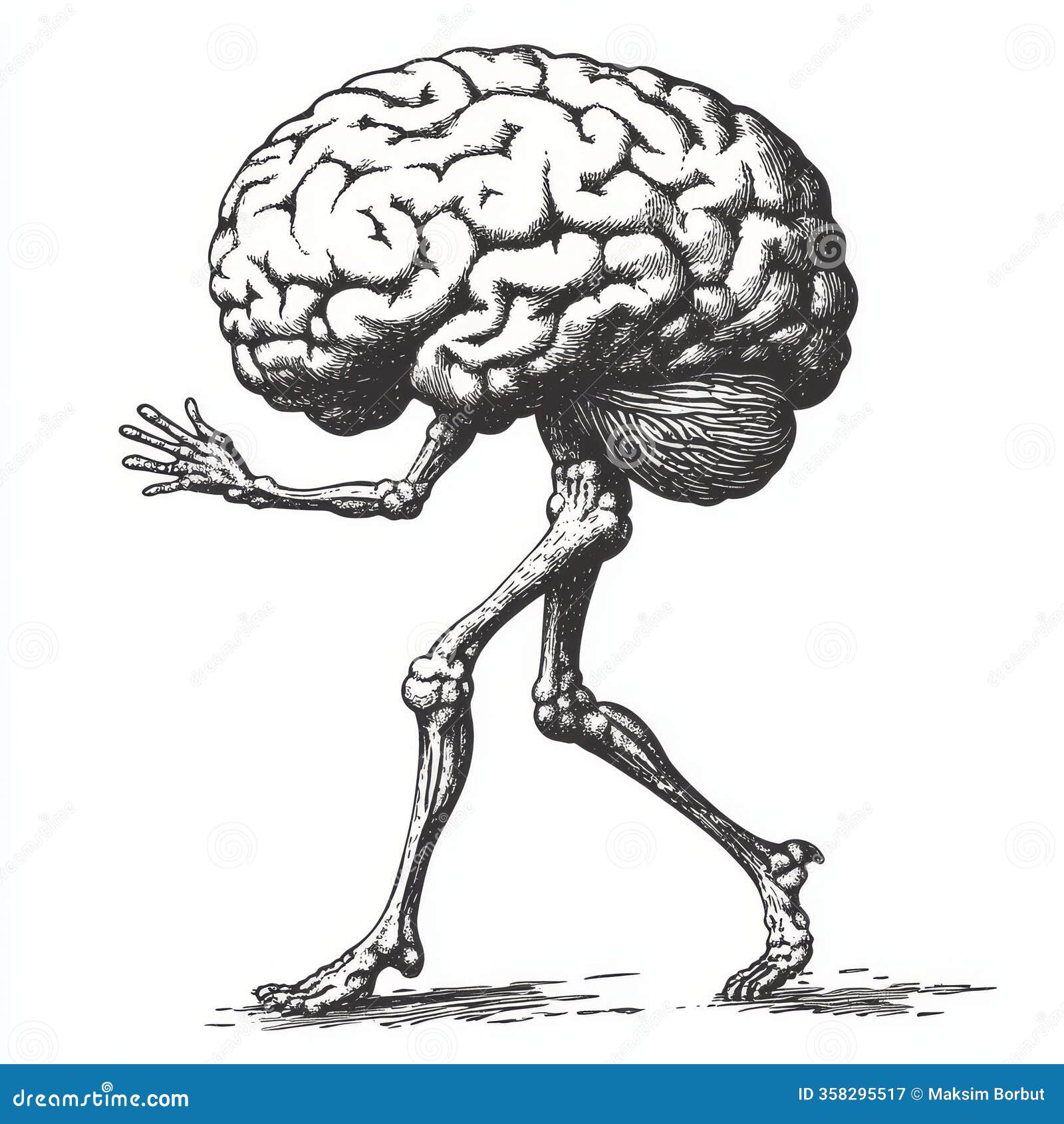 Animated Walking Brain Character, Friendly Hand Gesture Sketch ...