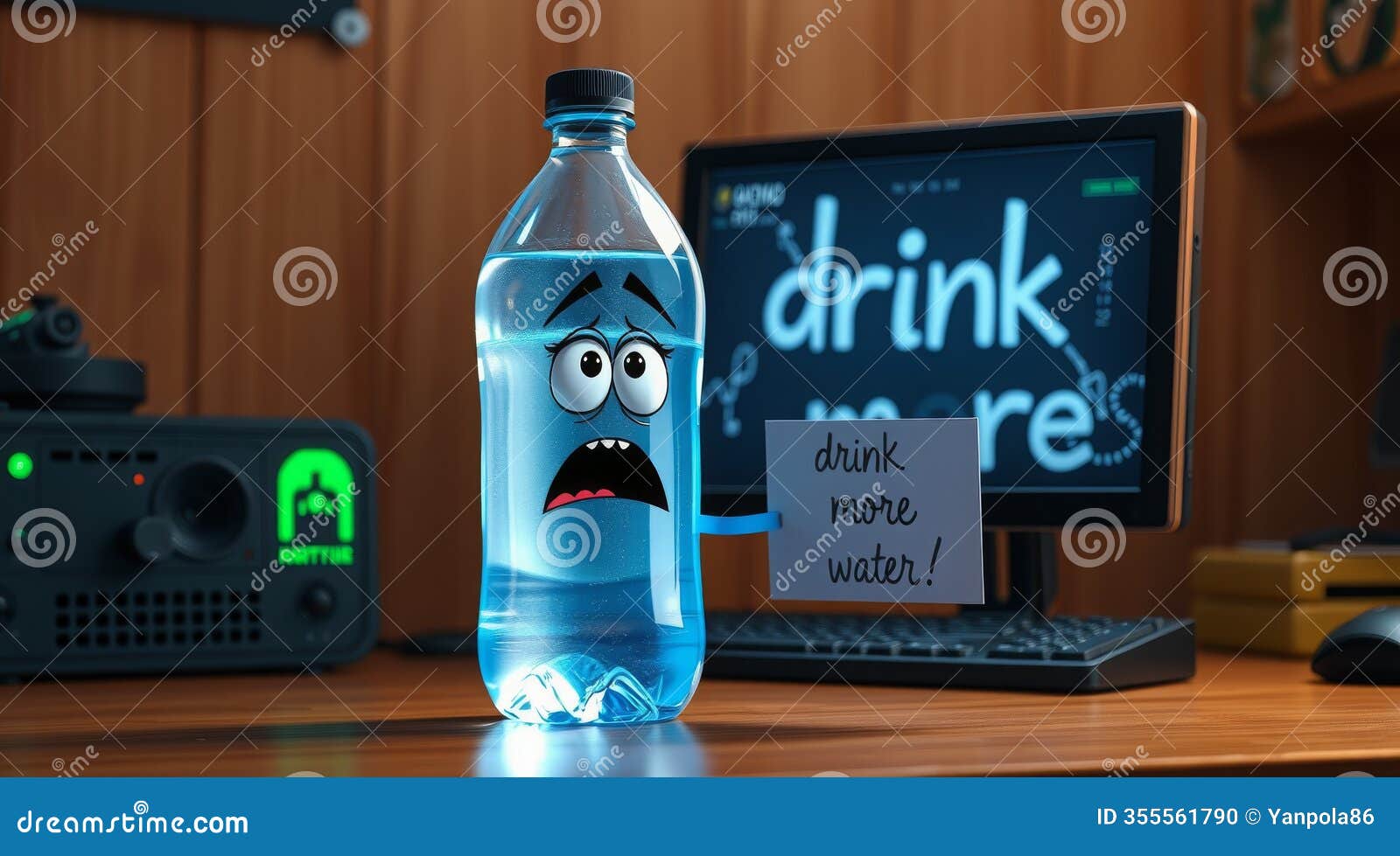Animated Water Bottle with Expressive Face and Sign Urging Hydration on ...