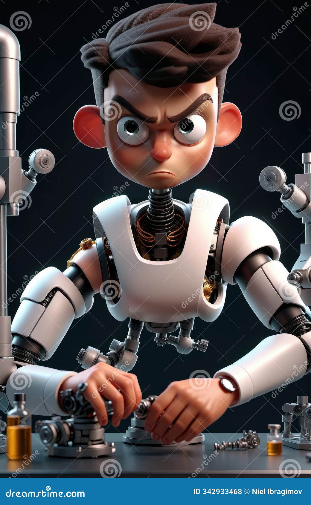 Animated Young Inventor Robot Assembling Futuristic Machinery in ...
