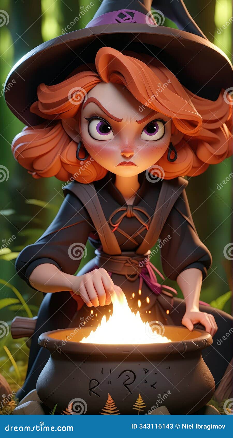 Animated Young Witch Conjuring Magic in Forest with Cauldron Stock ...