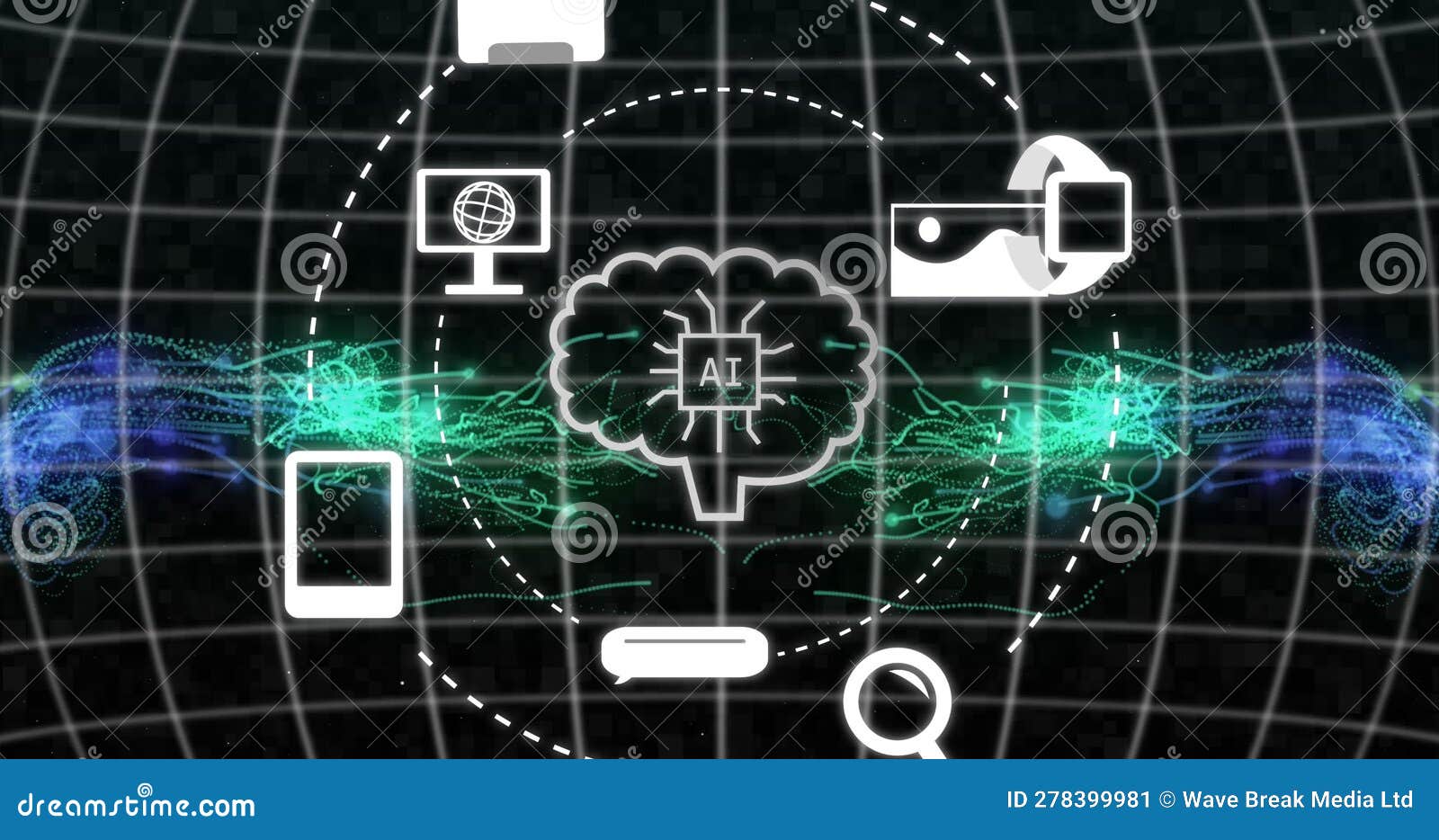 Animation of Ai Chat and Data Processing Over Light Trails and Grid ...