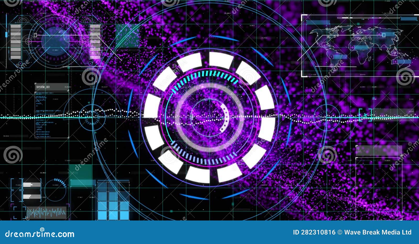 Animation of Arc Reactor Over Dots Forming Dynamic Pattern, Globe, Map and Computer Language ...