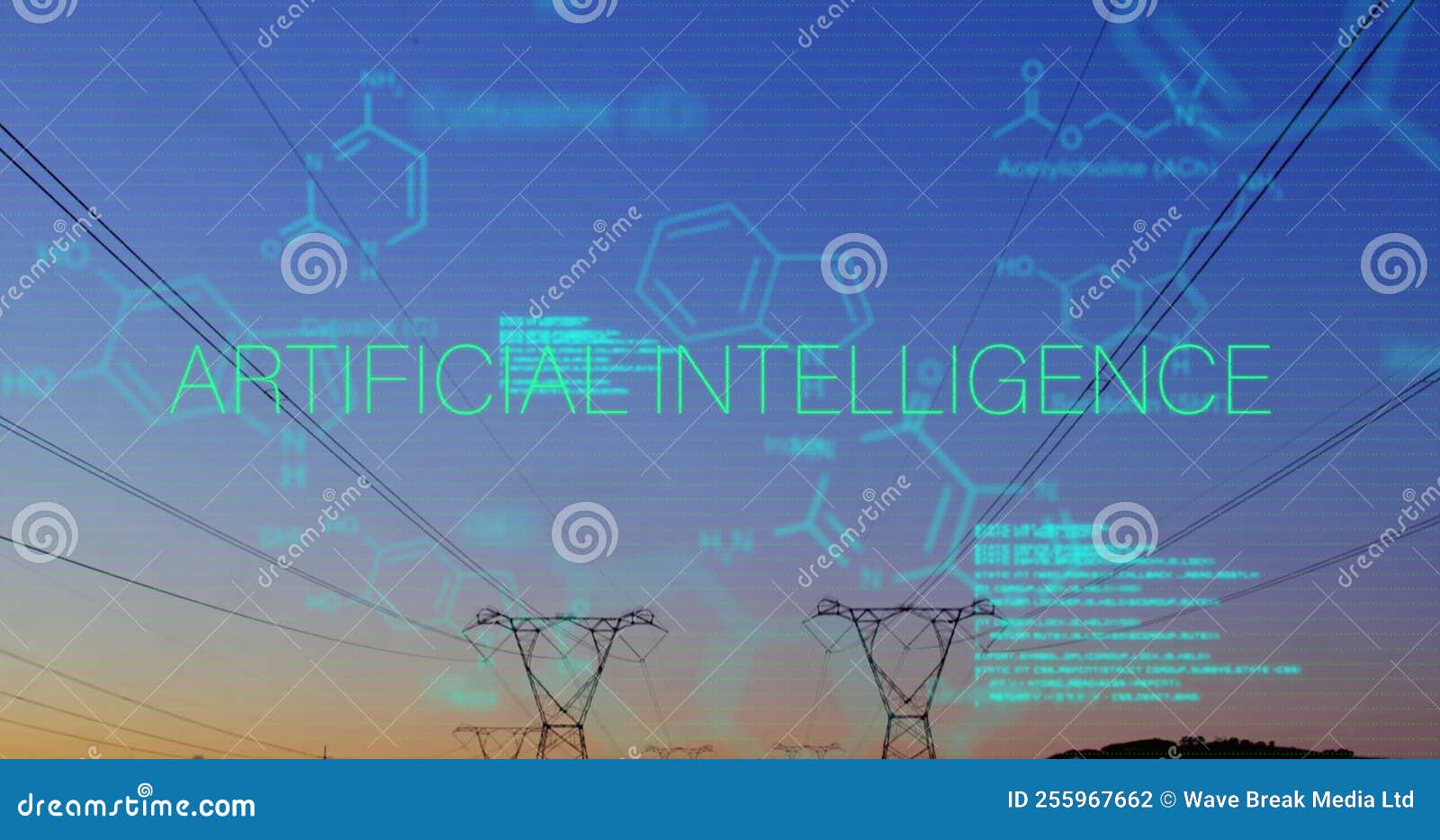 Animation of Artificial Intelligence Text Over Pylons and Data ...