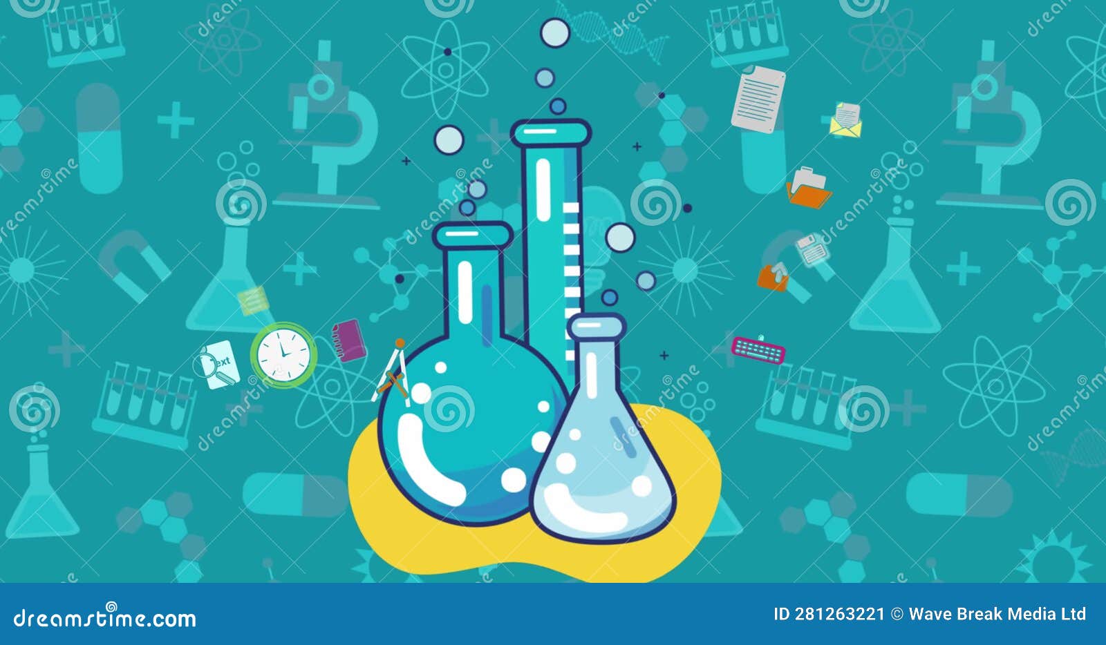 Animation of Beakers and Flasks Icon Over Multiple Science Concept ...