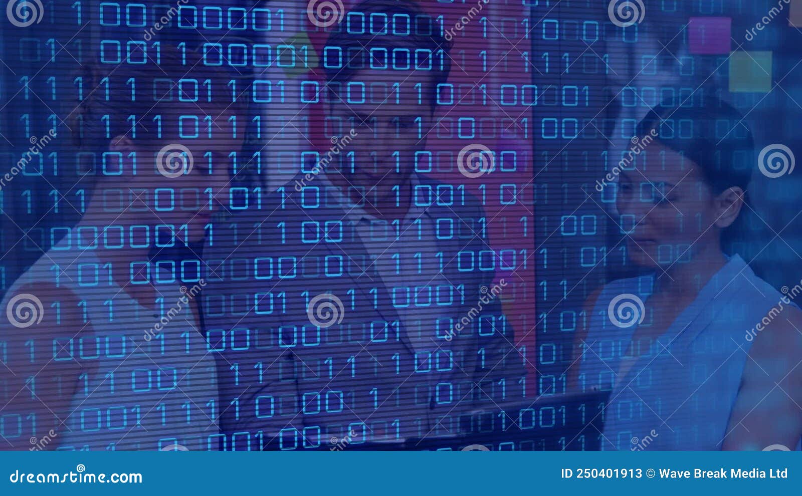 Animation of Binary Code Over Diverse Female and Male Coworkers in ...