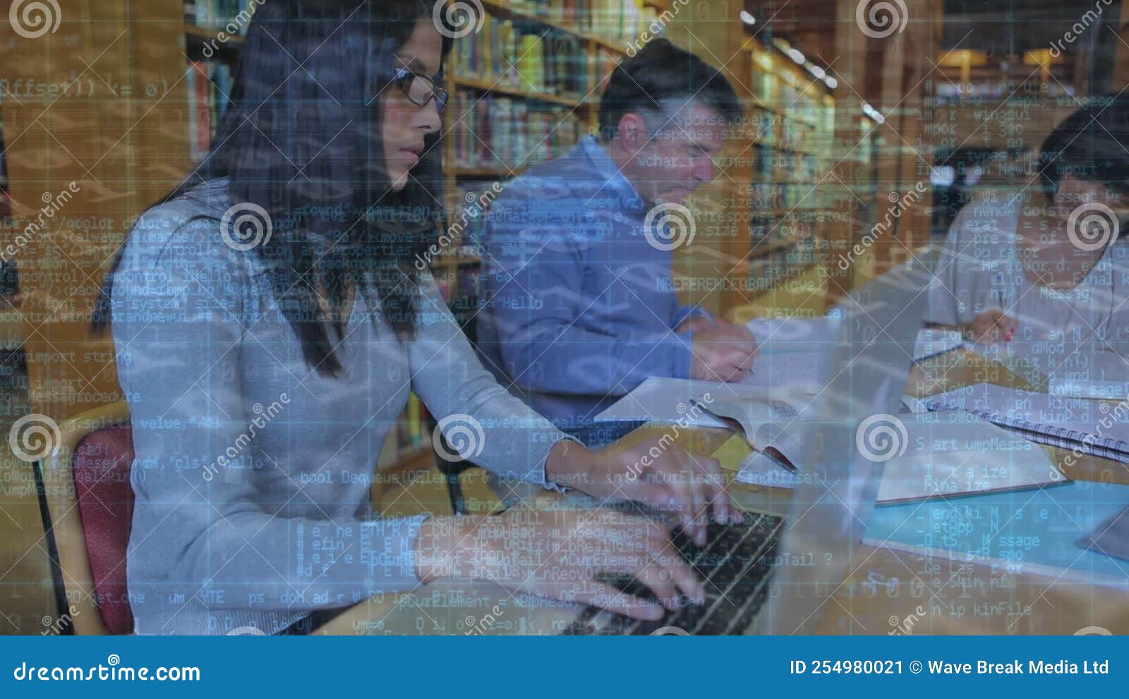 Animation of Binary Code Over Multiracial Students Studying while ...