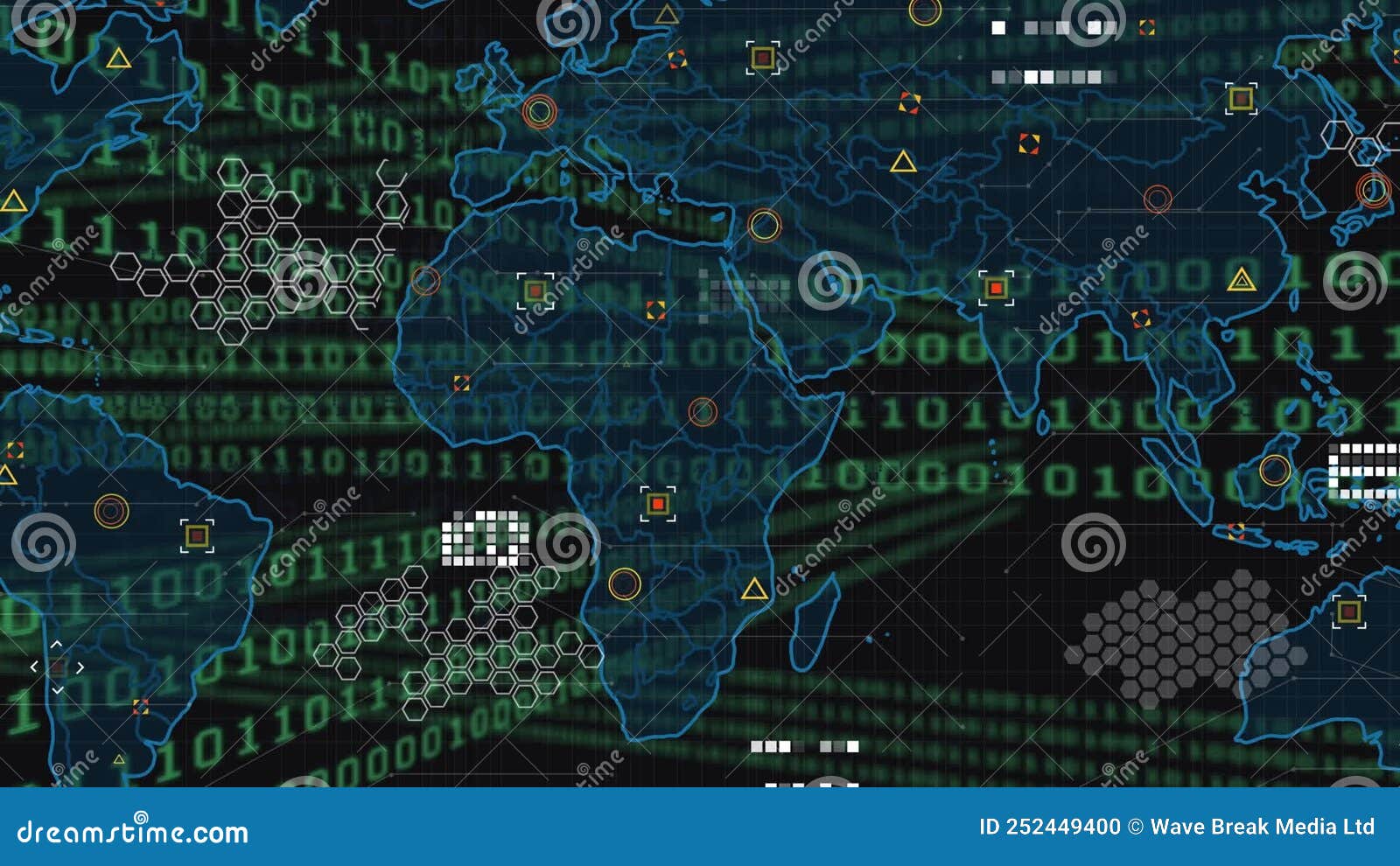 No People Animation Binary Code World Map Icon Black Background Global Network Computer Data ...