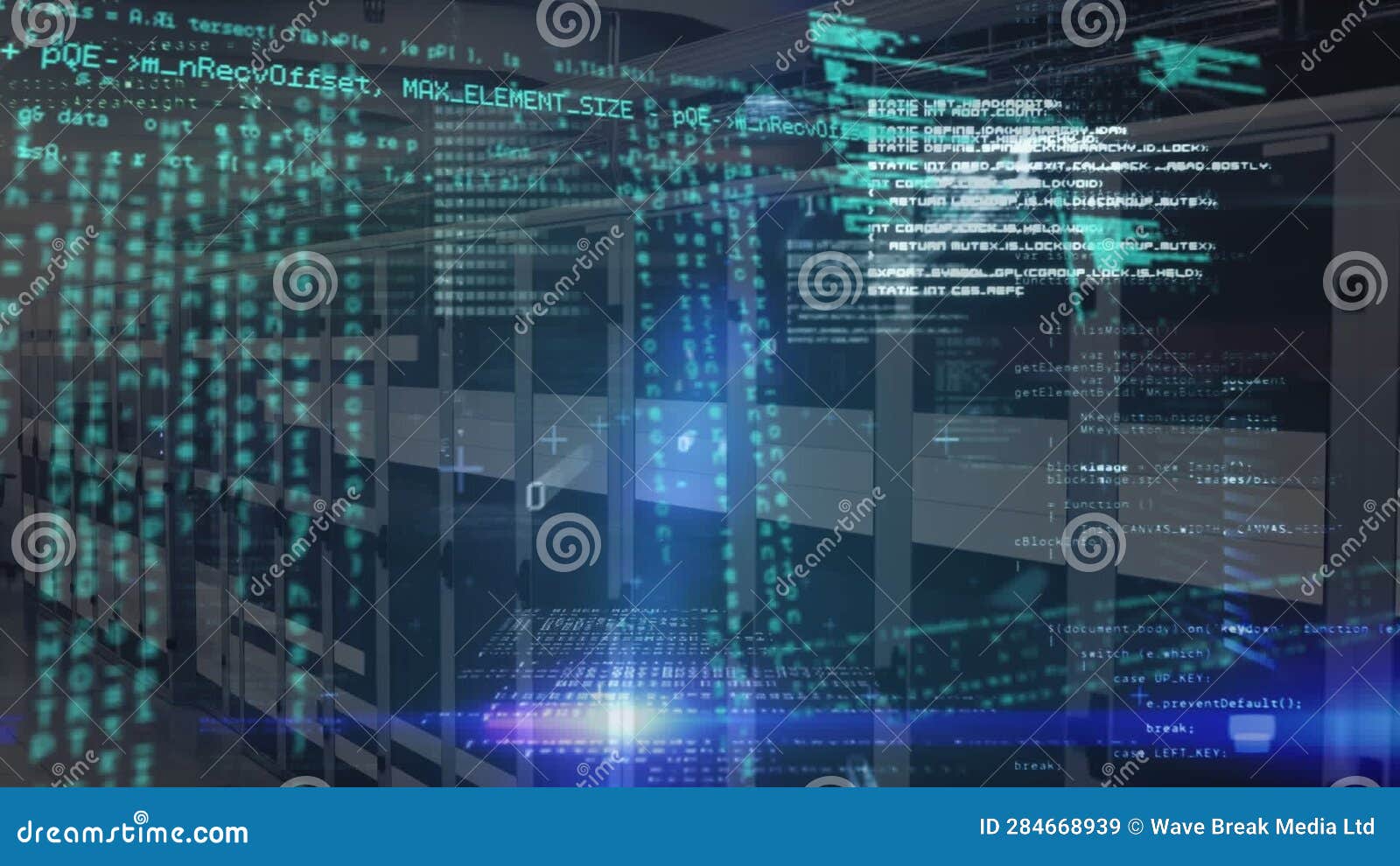 Animation of Binary Codes Over Computer Language and Lens Flares Against Server Room Stock Video ...