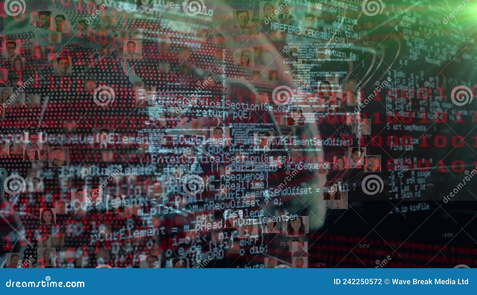 Animation of Binary Coding, Globe with Business People Photos Over ...