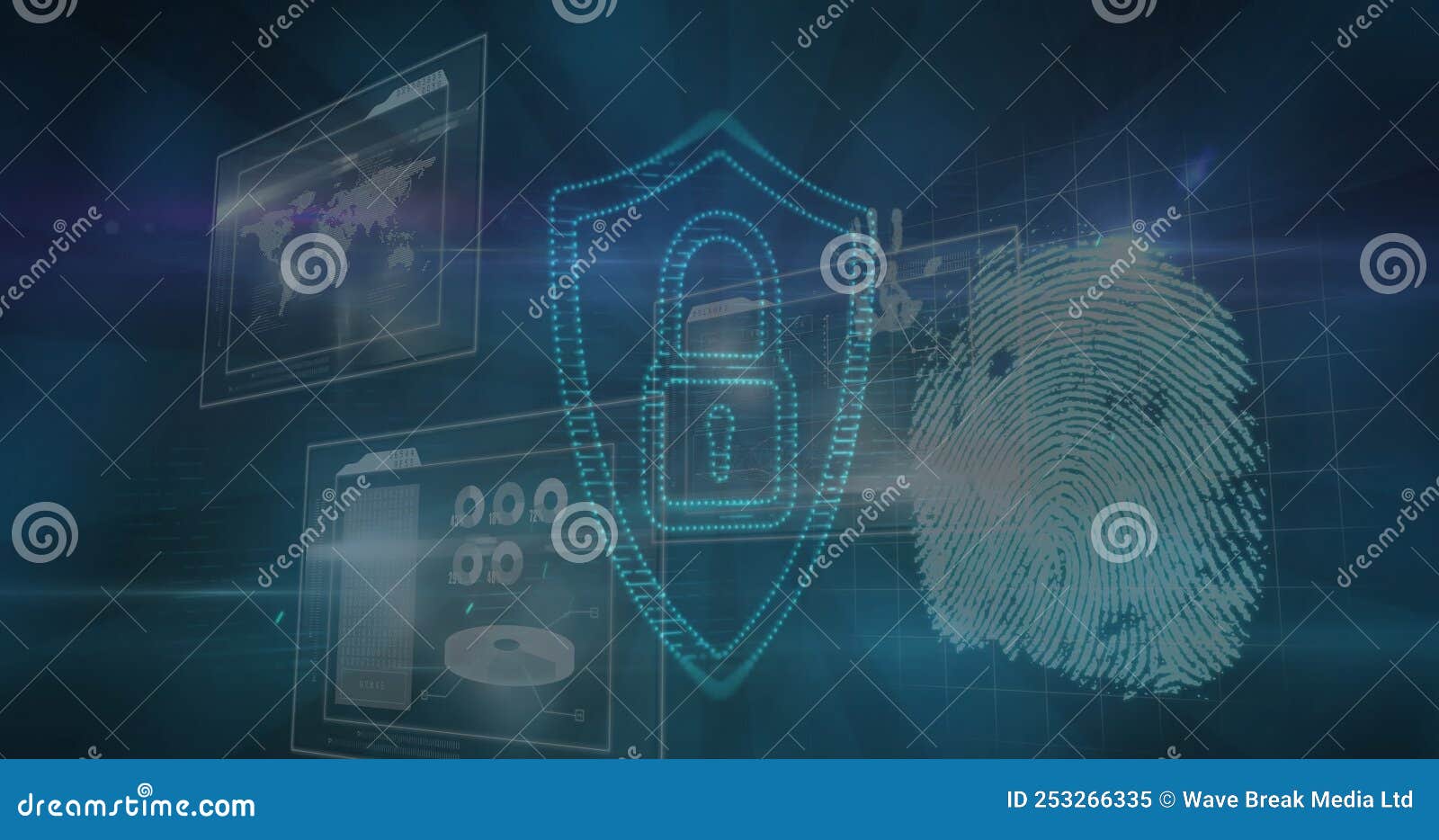 Animation of Biometric Fingerprint, Padlock and Data Processing Over ...