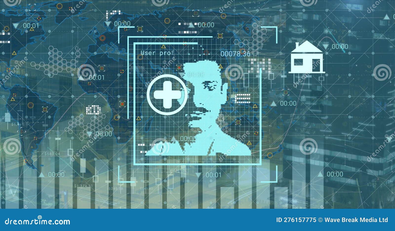Animation of Biometric Photos and Data Processing Over World Map Stock ...