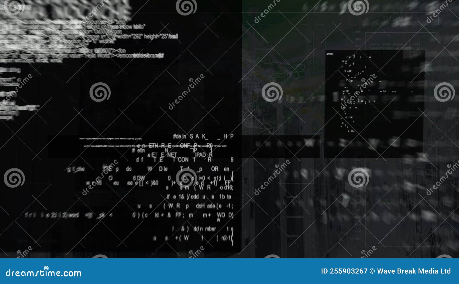 Animation of Black Screens with Data Processing Over World Map and ...