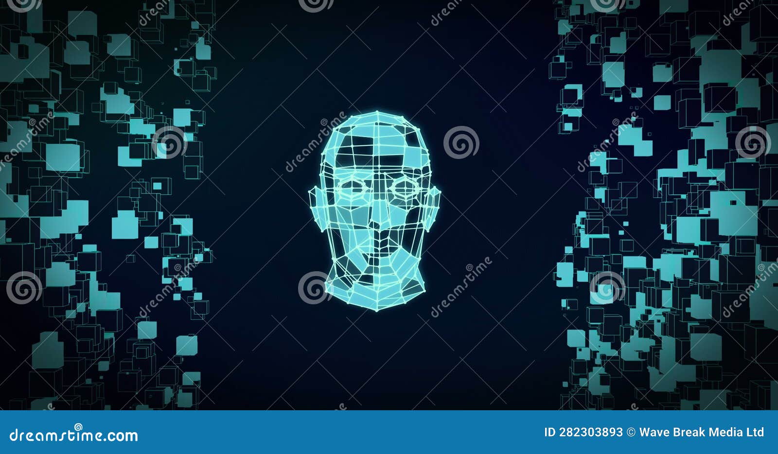 Animation of Blue 3d Cuboid Head Model Rotating with Moving Cubes on ...