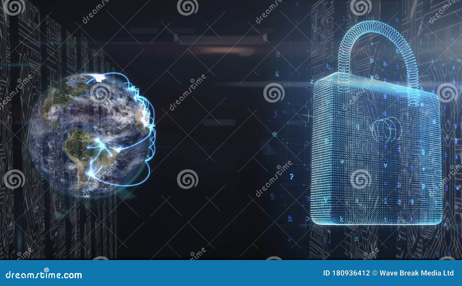 Animation of a Blue Padlock and a Globe Spinning on Black Background ...