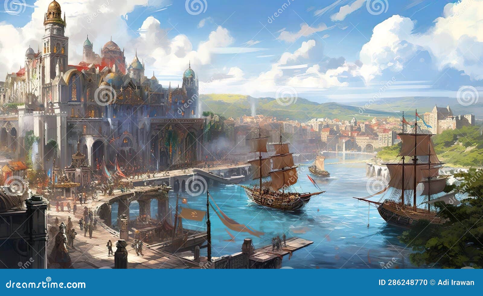 An Animation Castle with Ship on the Port the Background Stock ...