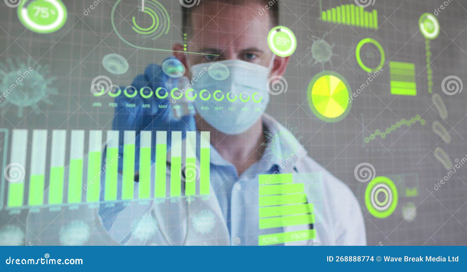 Animation of Caucasian Male Doctor in Face Mask and Data Processing ...
