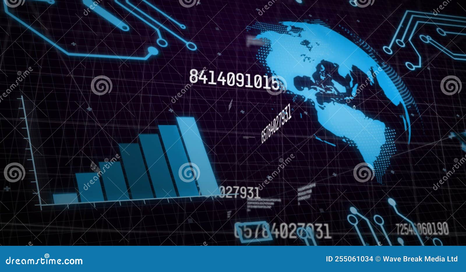 Animation of Changing Numbers, Microprocessor Connections and Data Processing Over Globe Stock ...