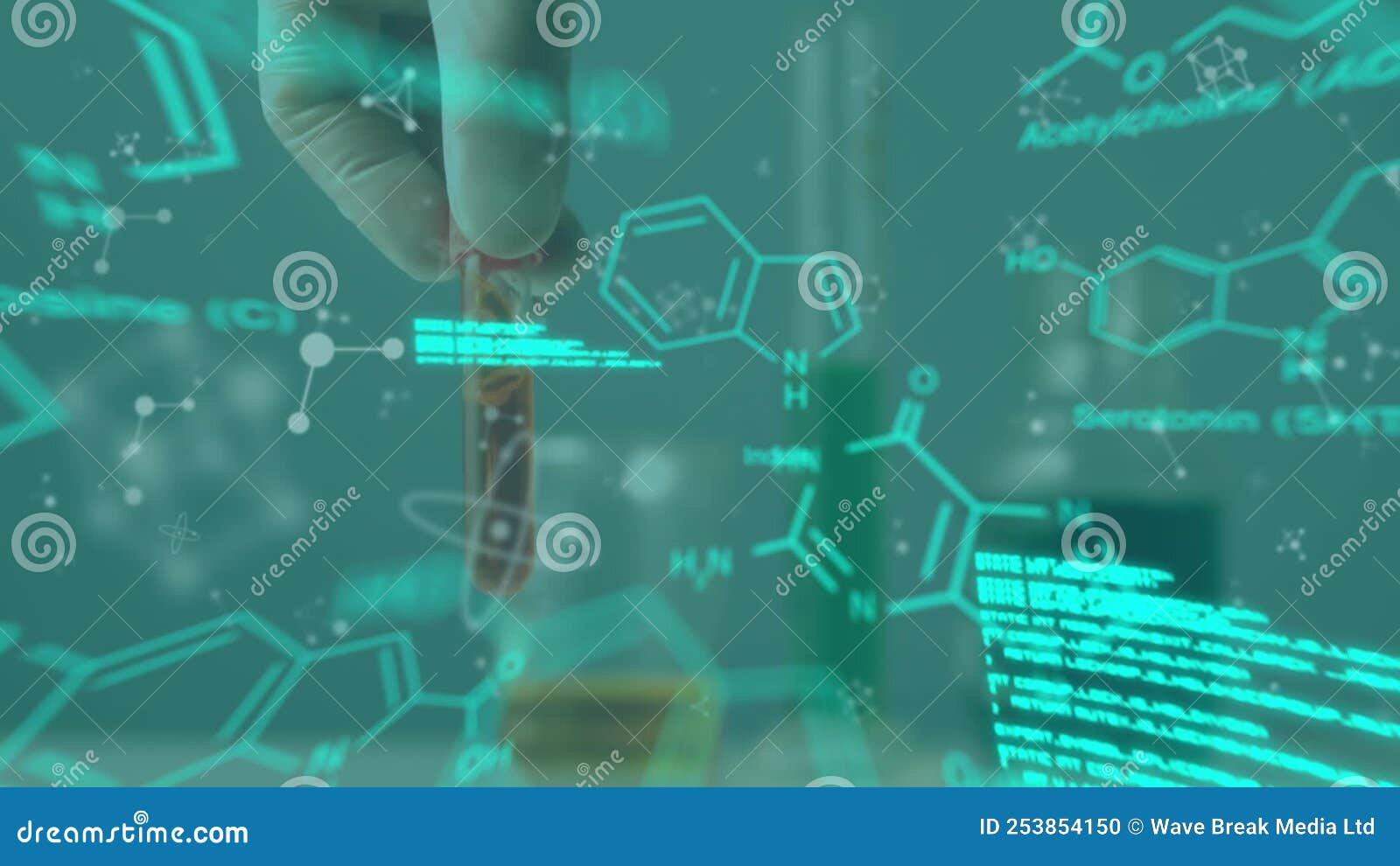Animation of Chemical Formulas and Data Over Hand of Lab Worker with ...