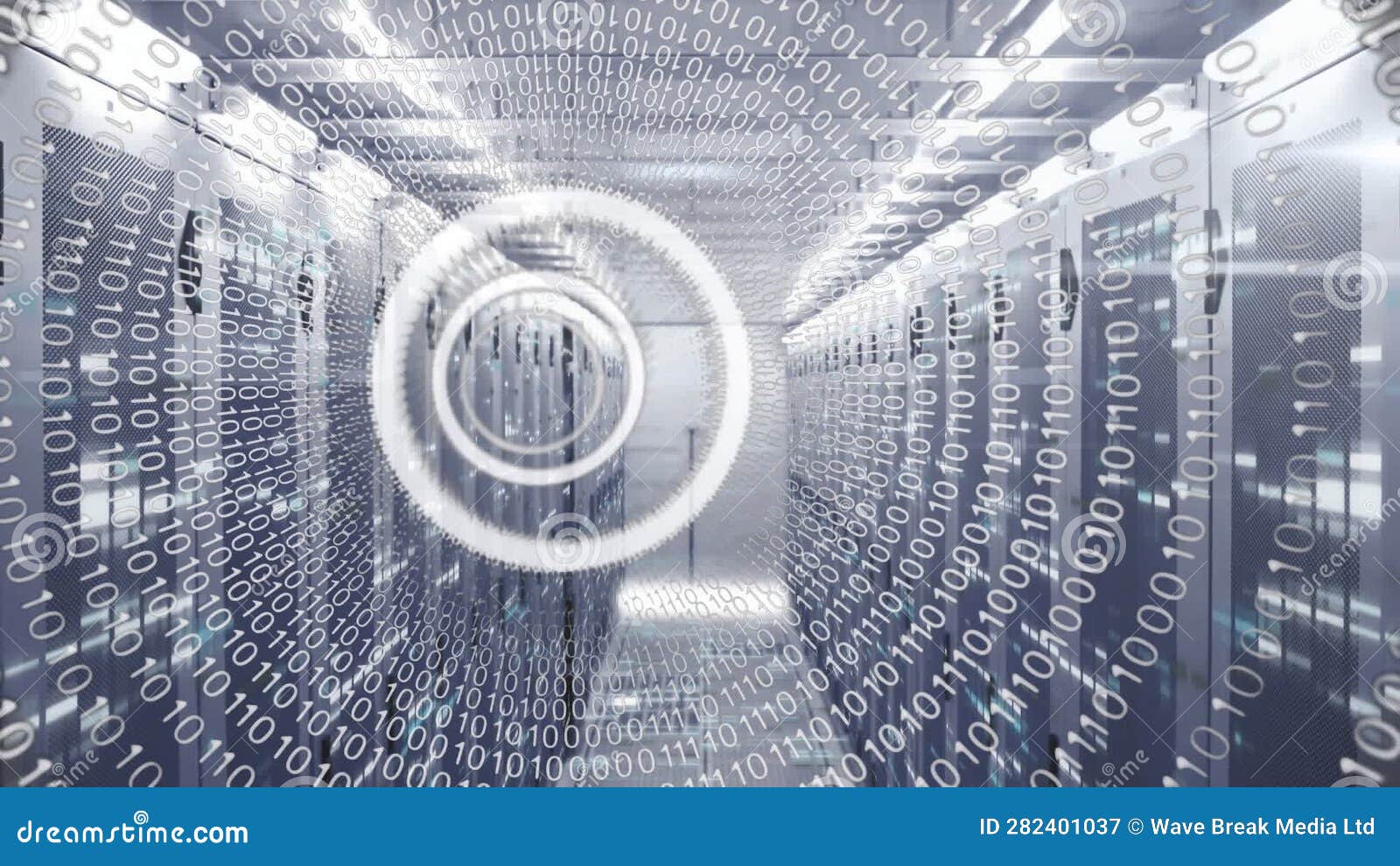 Animation of Circular Shapes and Binary Coding in Seamless Pattern Against Computer Server Room ...