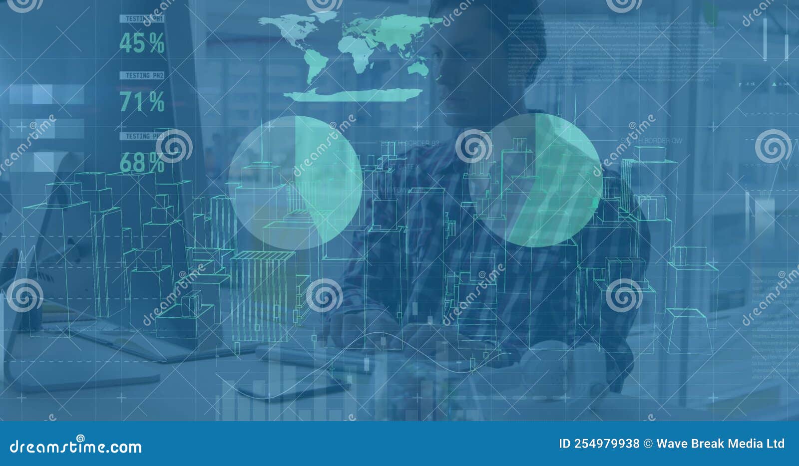 Animation of Cityscape Model and Graphs Over Focused Caucasian ...