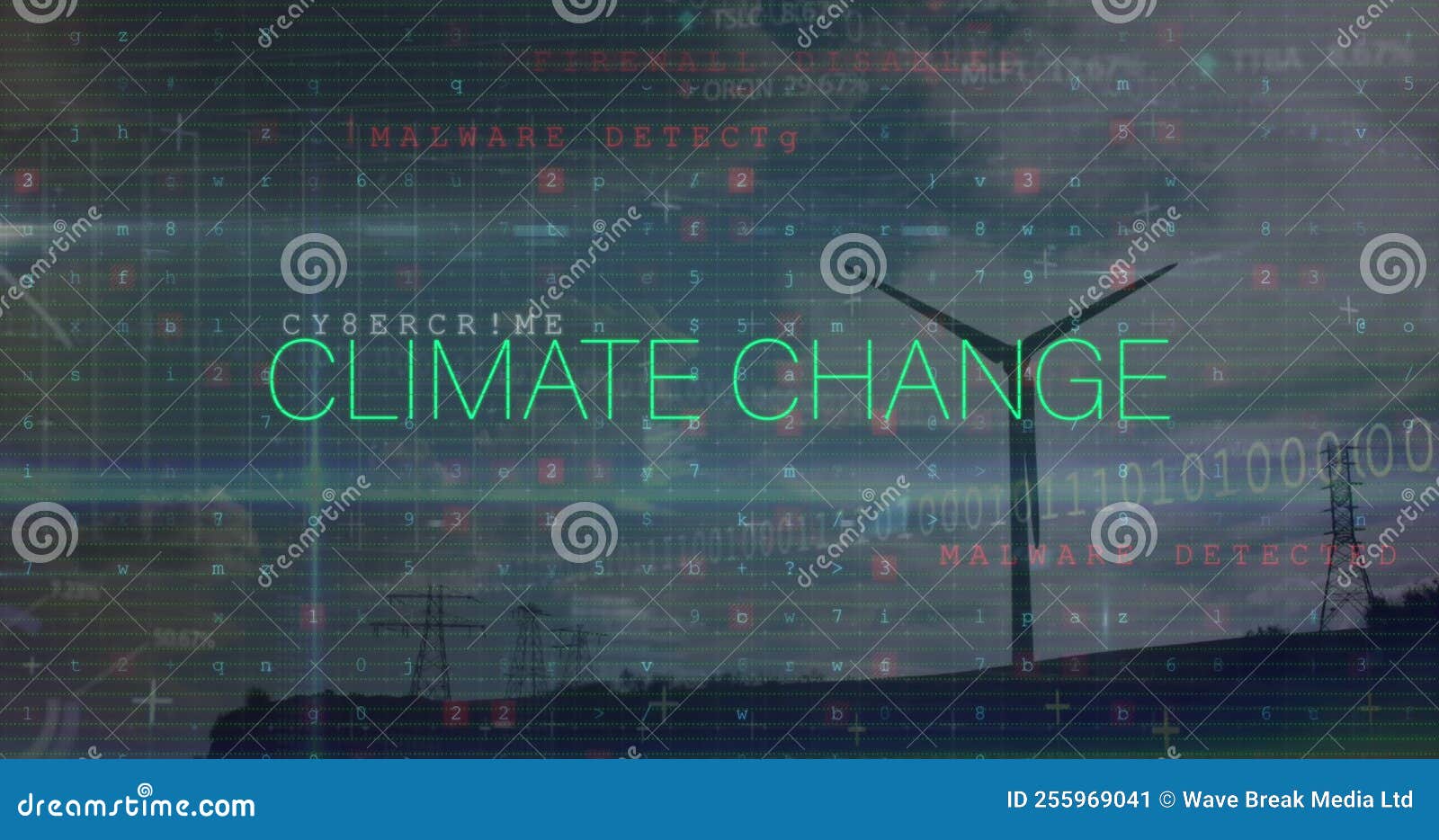 Animation of Climate Change Text in Green, Security Warnings and Data ...