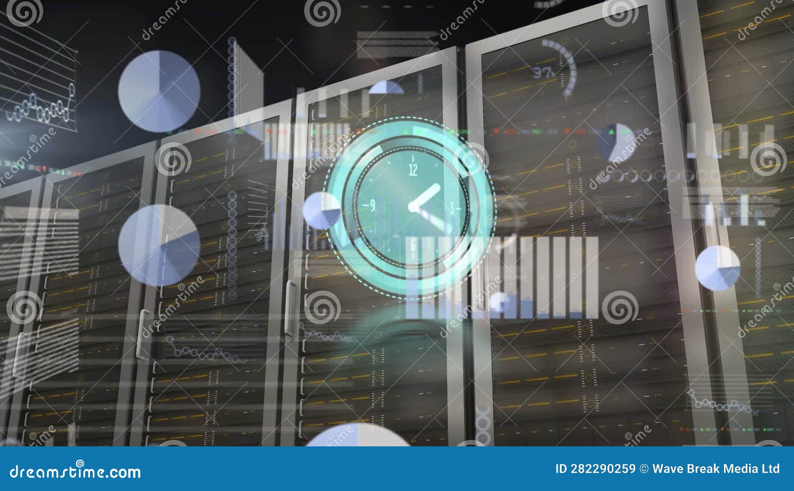 Animation of Clock, Graphs and Trading Boars Over Server Rack Against ...