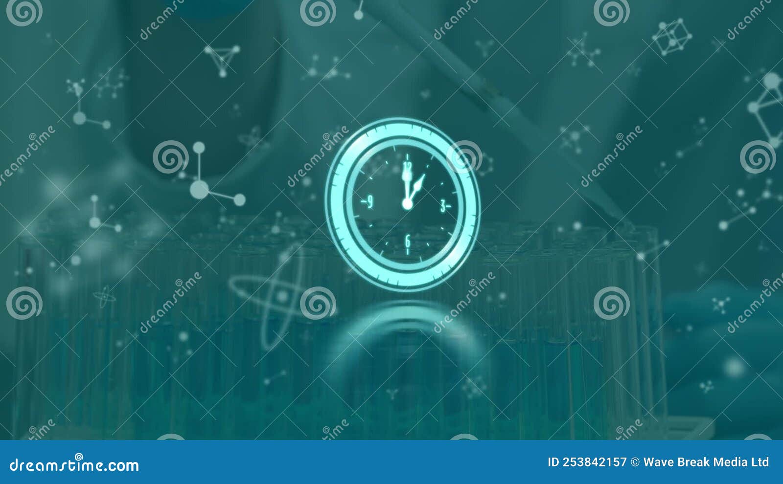Animation of Clock and Molecules Over Lab Worker with Samples Stock ...