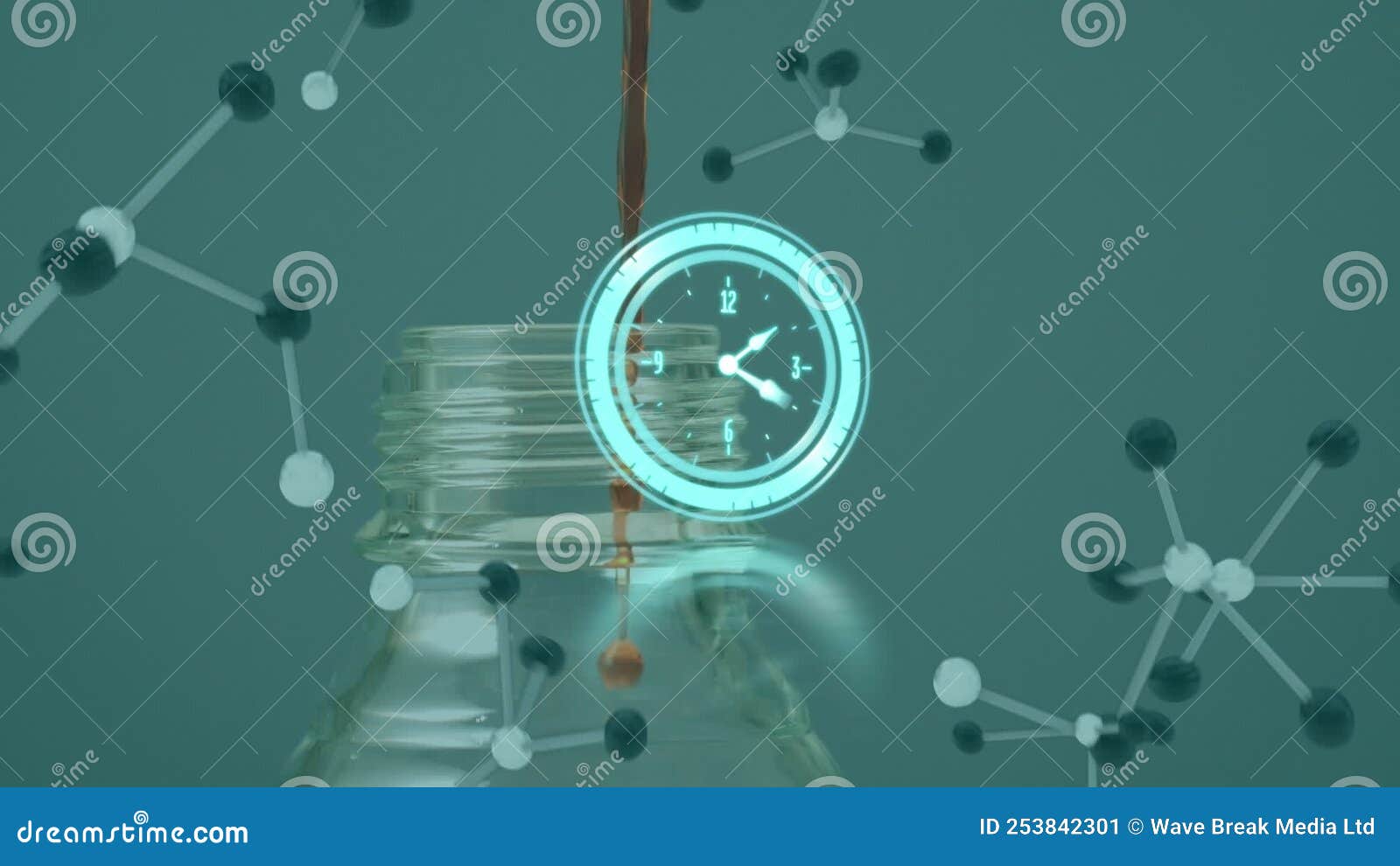 Animation of Clock and Molecules Over Liquid Pouring into Bottle Stock ...