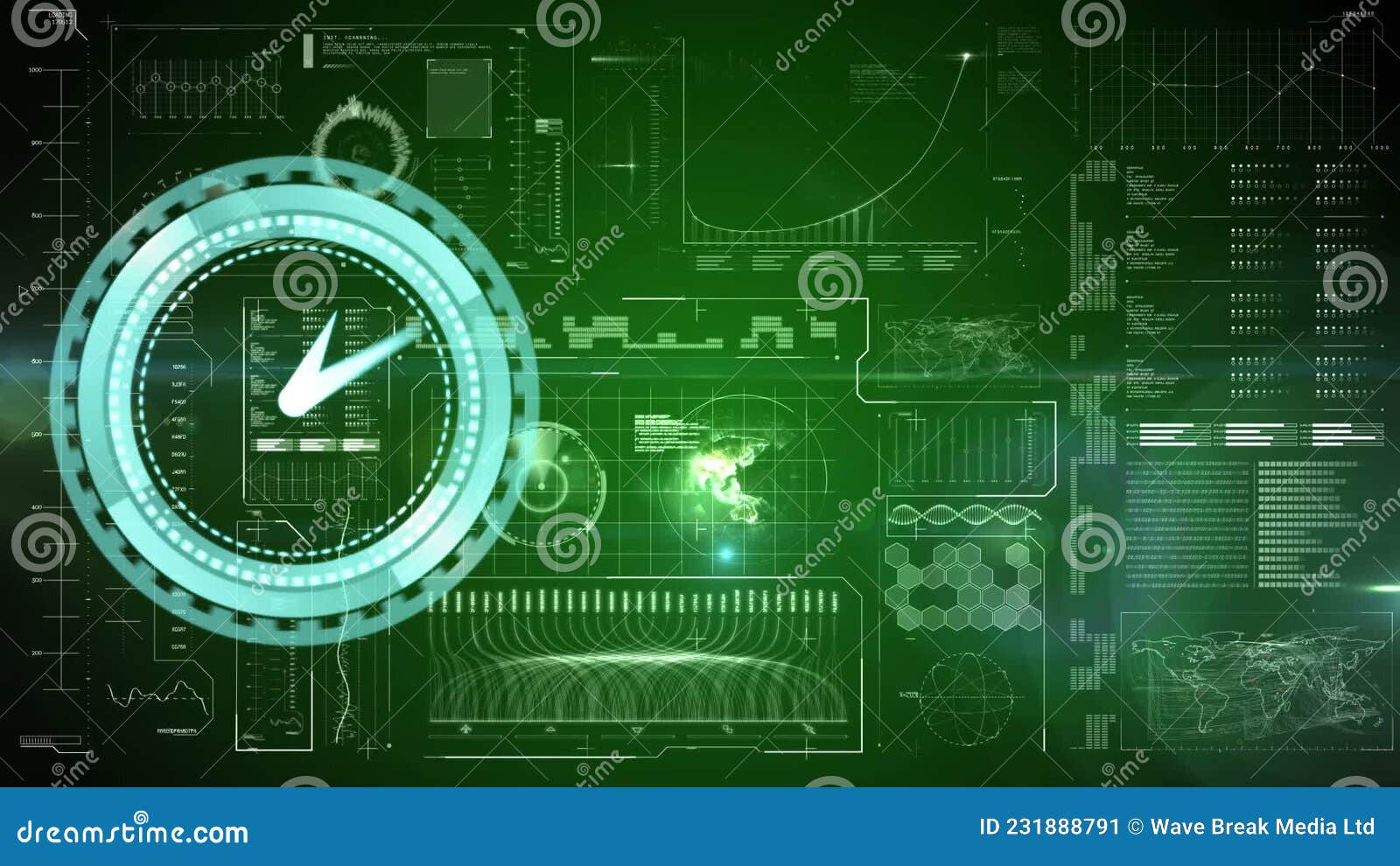 Animation of Clock Moving Fast and Data Processing with Globe on Screen ...