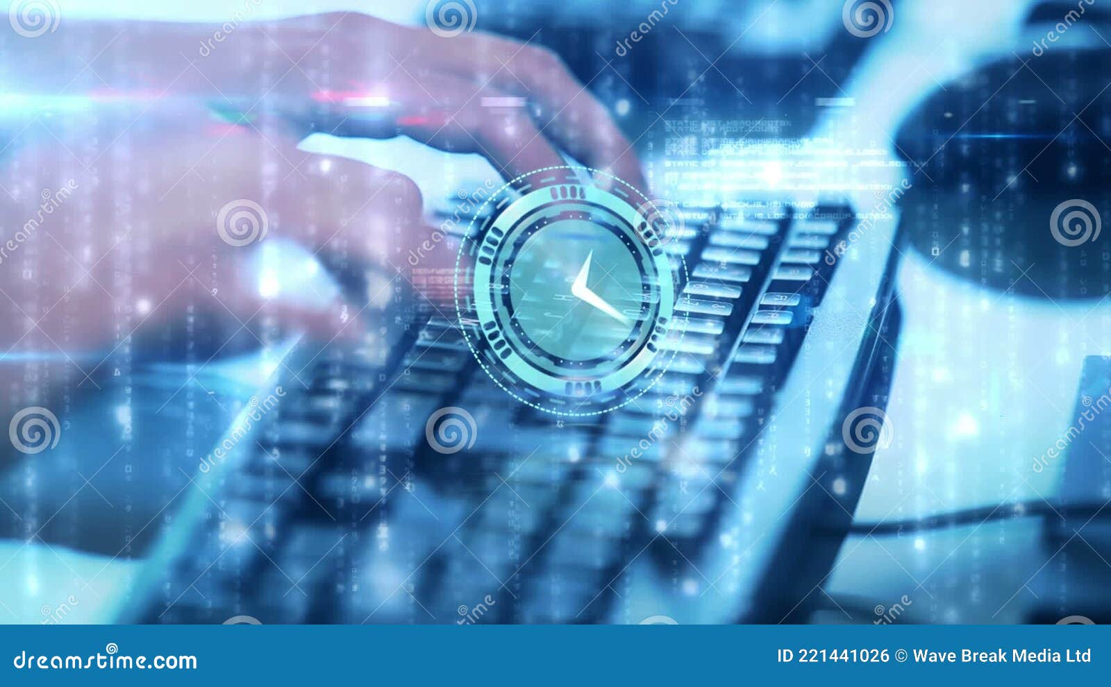 Animation of Clock Moving Fast with Data Processing and Person Typing ...