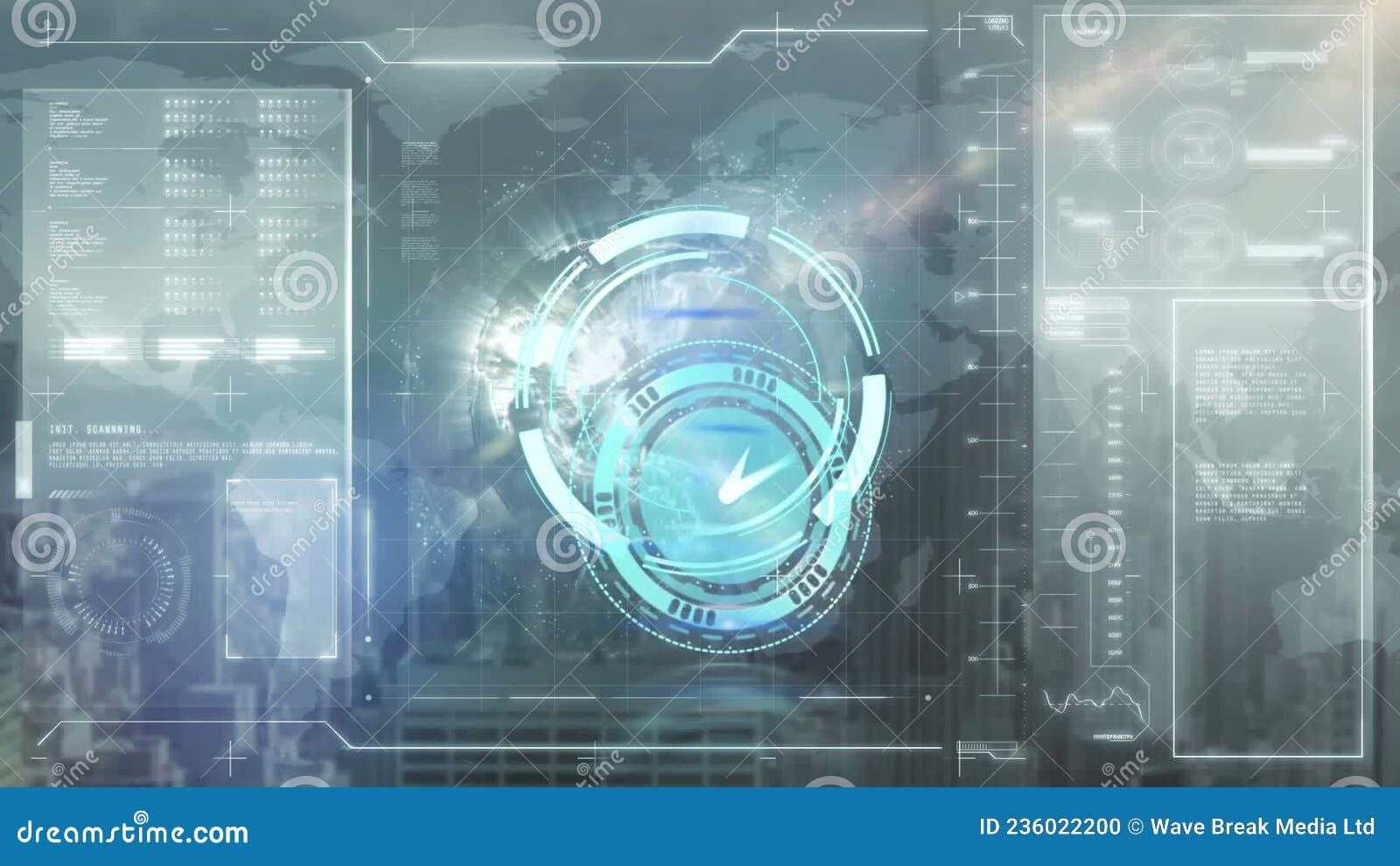 Animation of Clock Over Scope Scanning with Globe and Data Processing on Screen Stock Footage ...