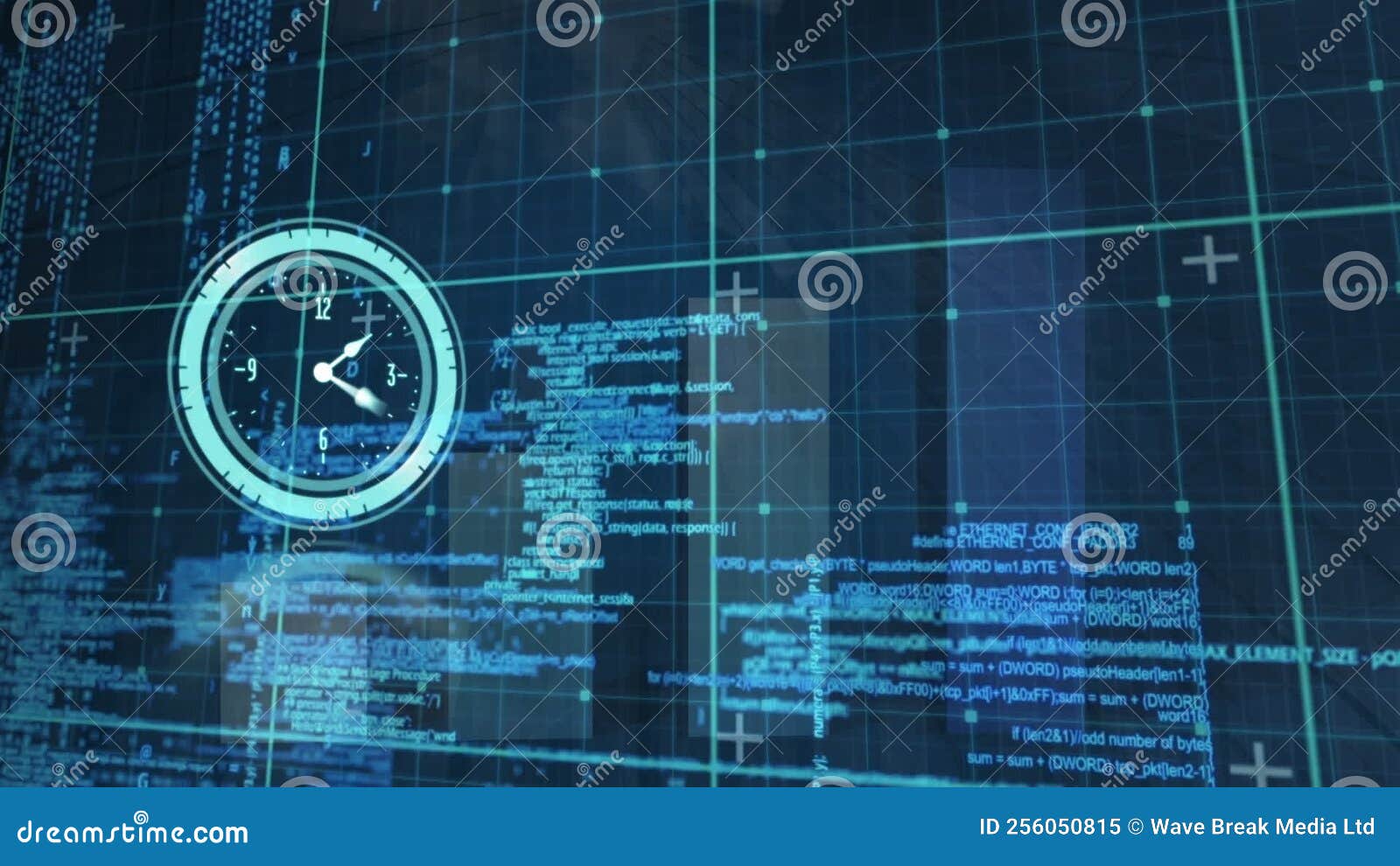 Animation of Clock Ticking Over Data Processing on Grid Stock Video ...