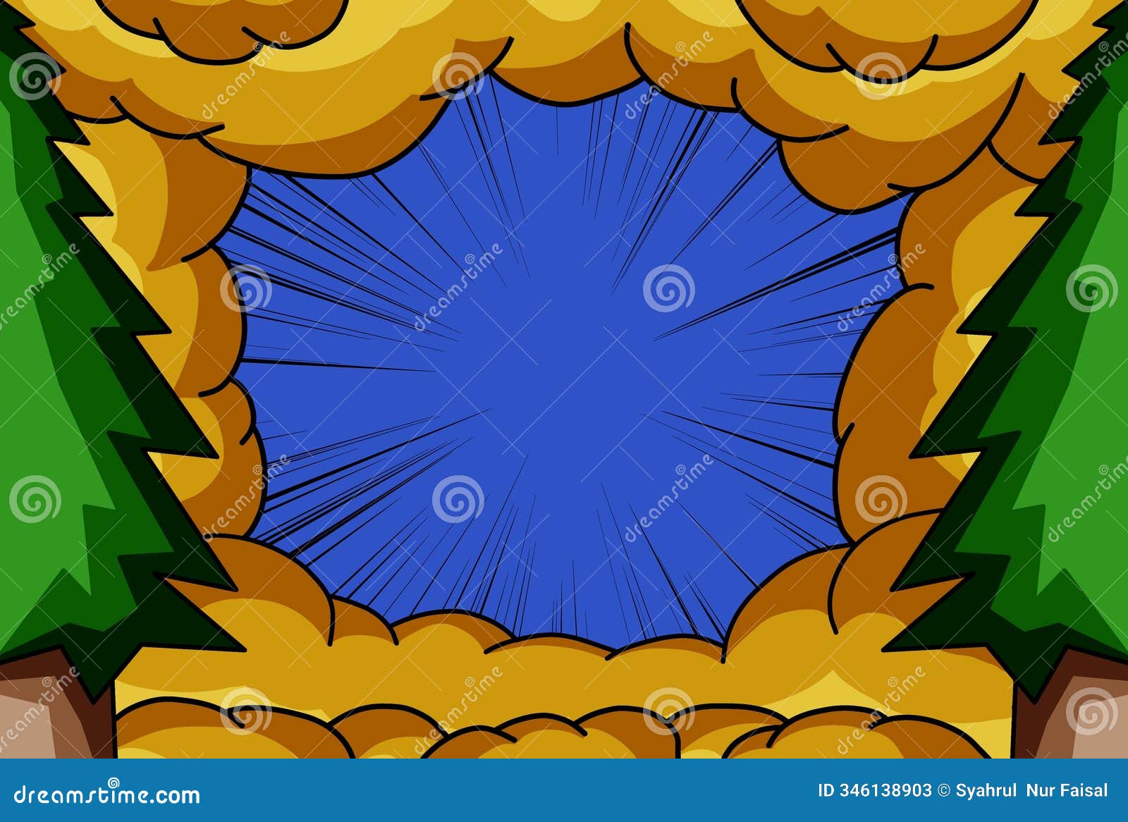 Animation Cloud Tree Comic Background, Blue Color Pop Art Stock ...