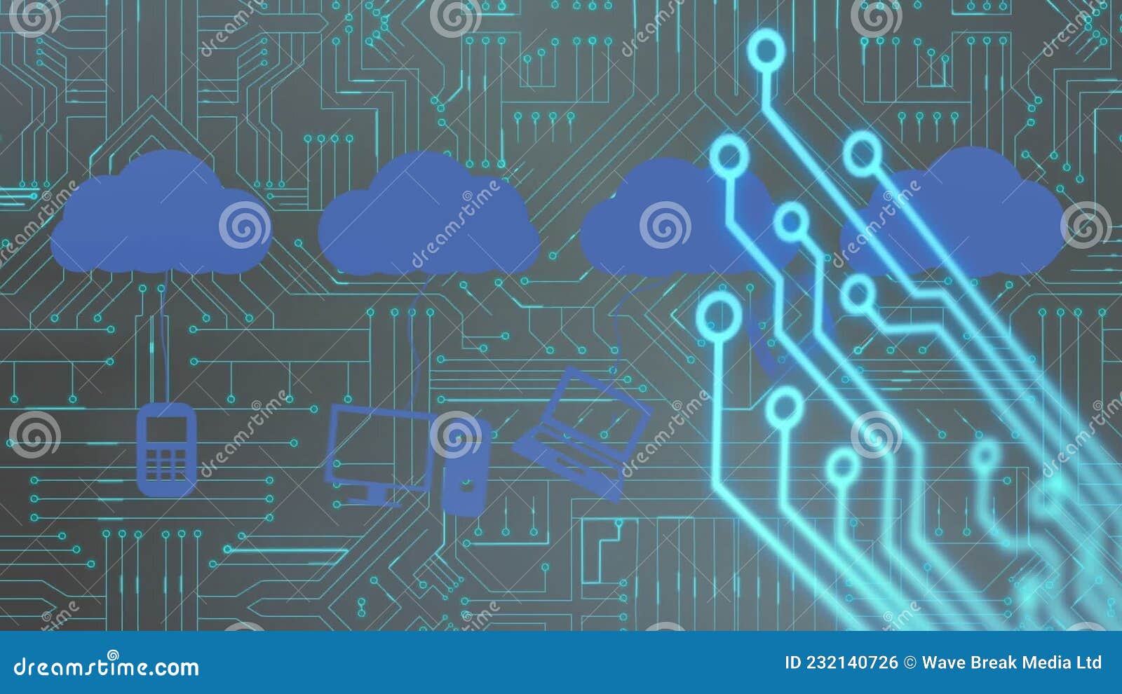 Animation of Clouds, Computer Icons Over Integrated Circuit Stock ...