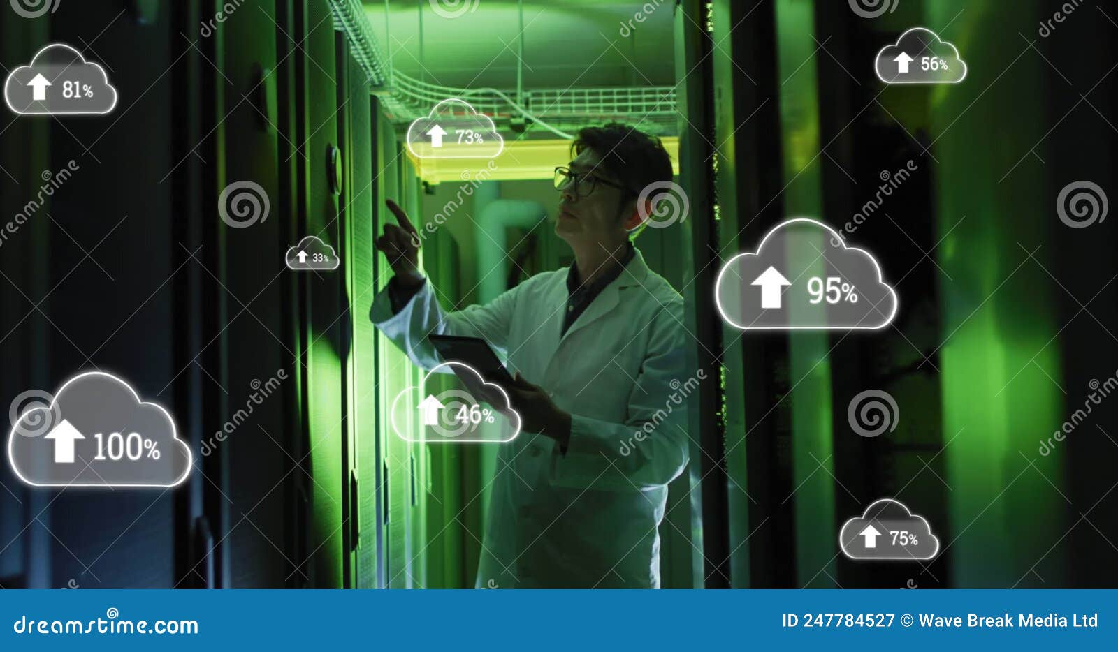 Animation of Clouds with Uploading Over Asian Man Working in Server ...