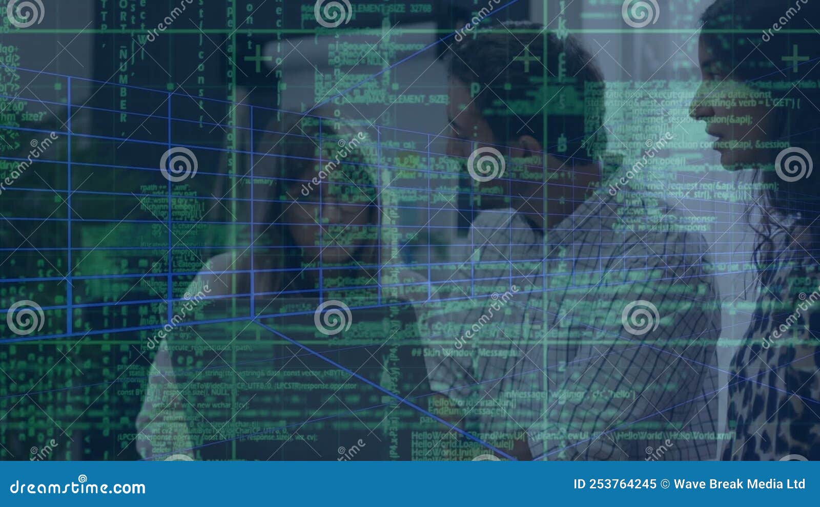 Animation of Coding and Moving Lines Over Caucasian Colleagues Working ...