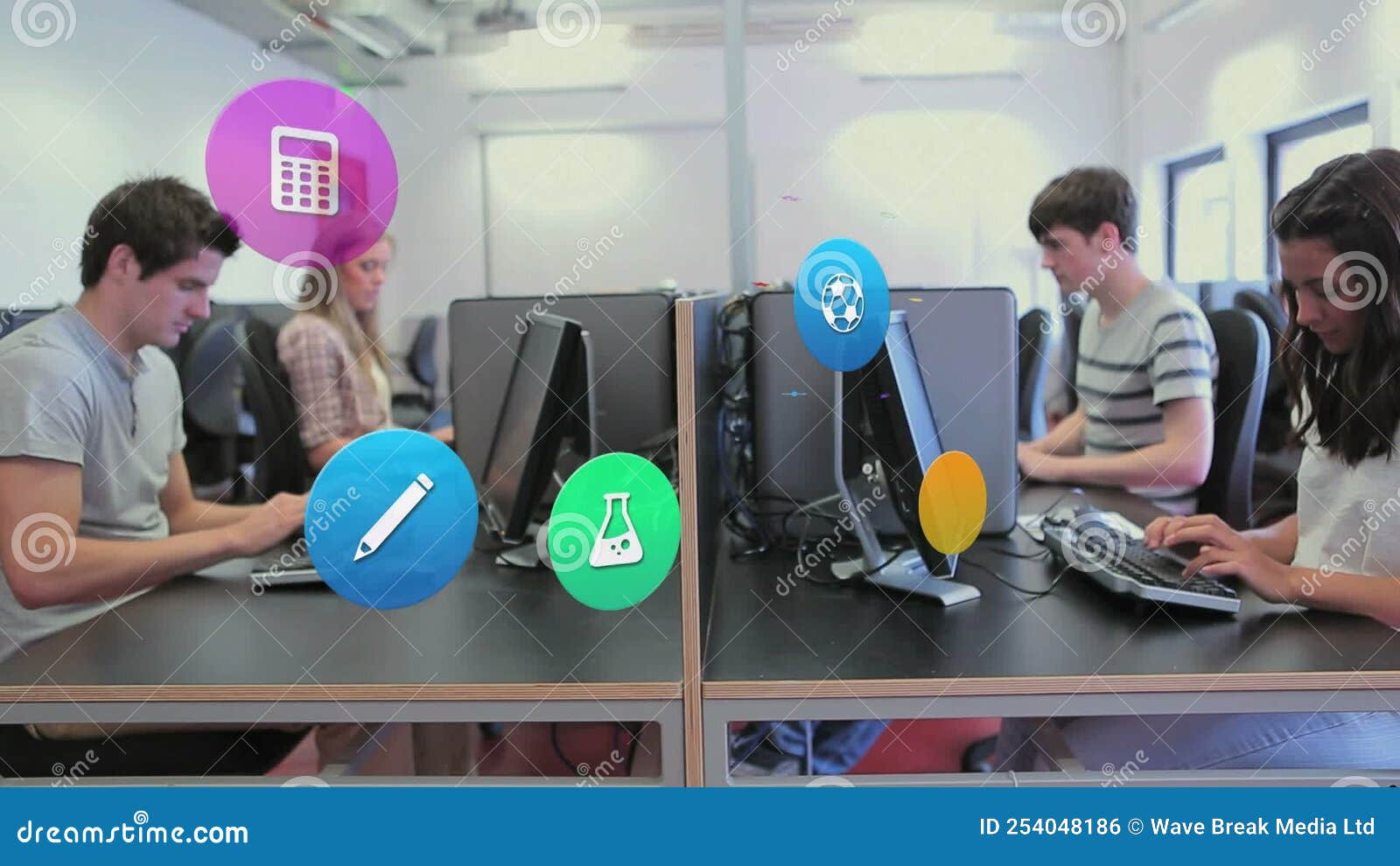 Animation of Colorful Icons Over Diverse Students Using Computer Stock ...