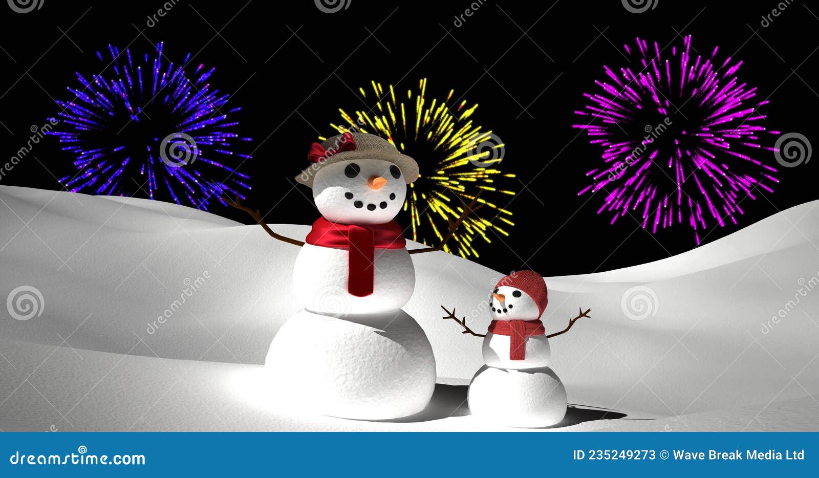 Animation of Colourful Fireworks Exploding Over Christmas Snowmen on ...