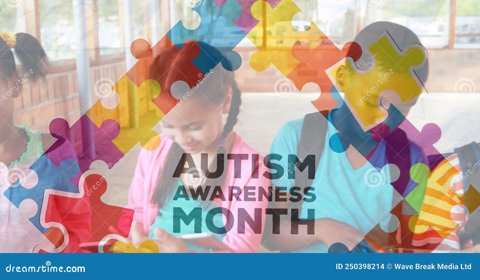 Animation of Colourful Puzzle Pieces and Autism Text Over Kids Friends ...