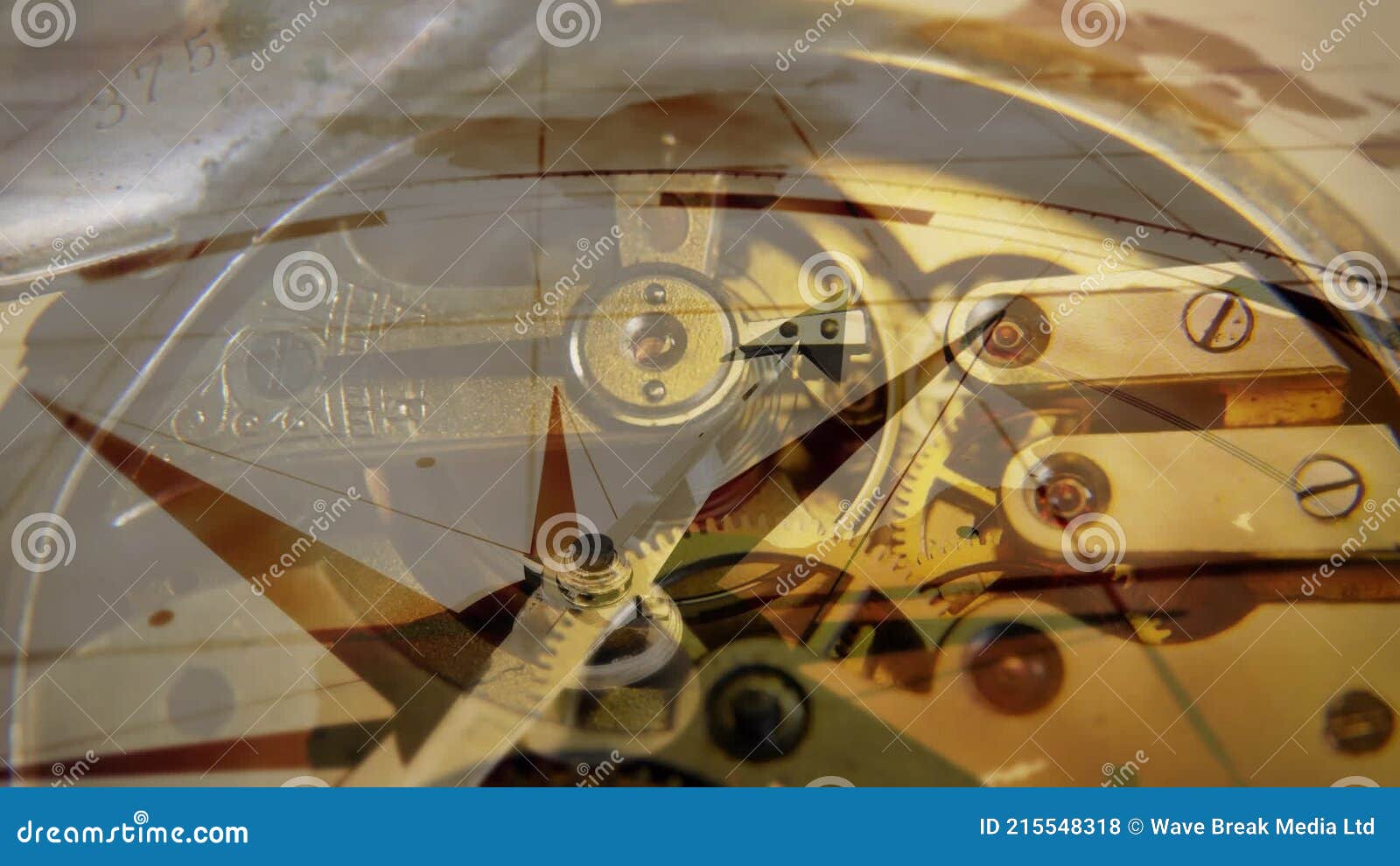 Animation of Compass Moving Over Spinning Clockwork and World Map Stock ...