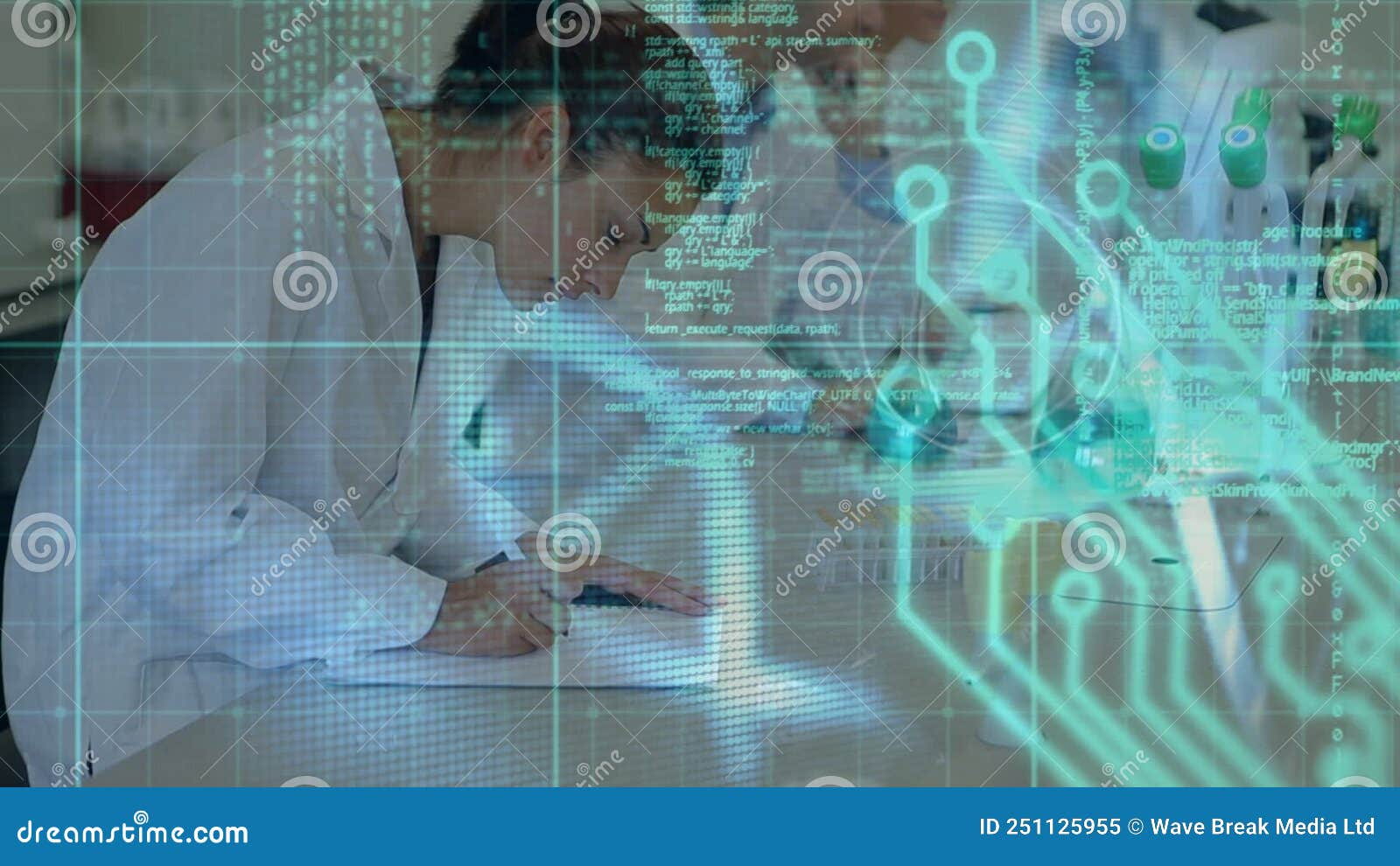 Animation of Computer Circuit Board, Dna Strand and Data Over Diverse ...