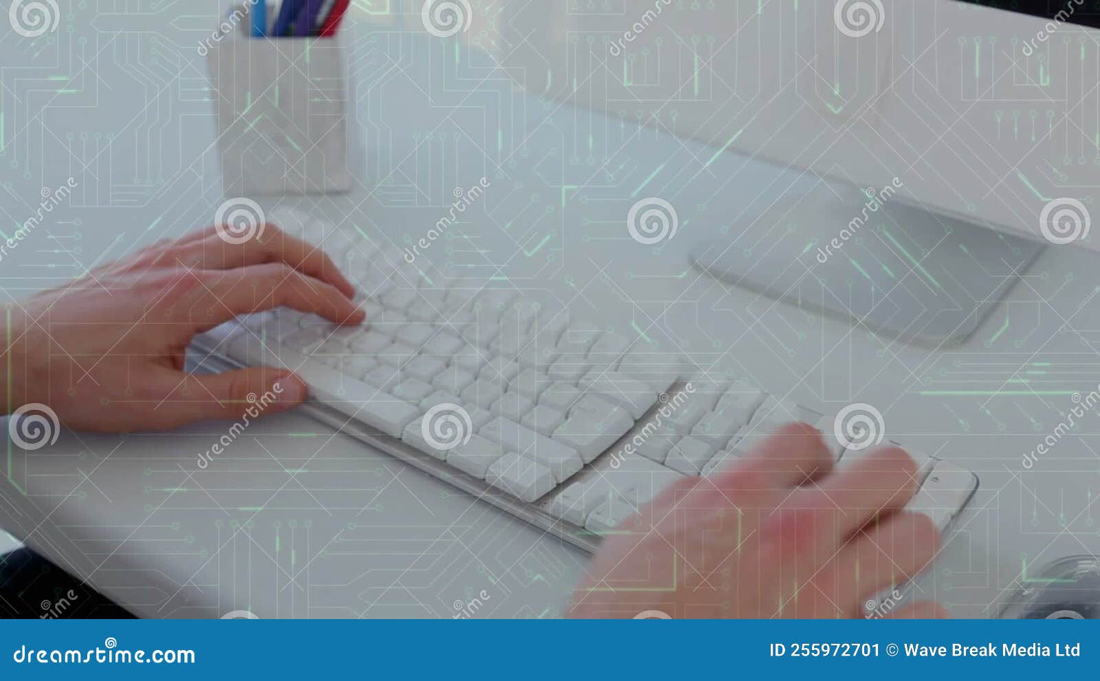 Animation of Computer Circuit Board Over Caucasian Man Typing on ...