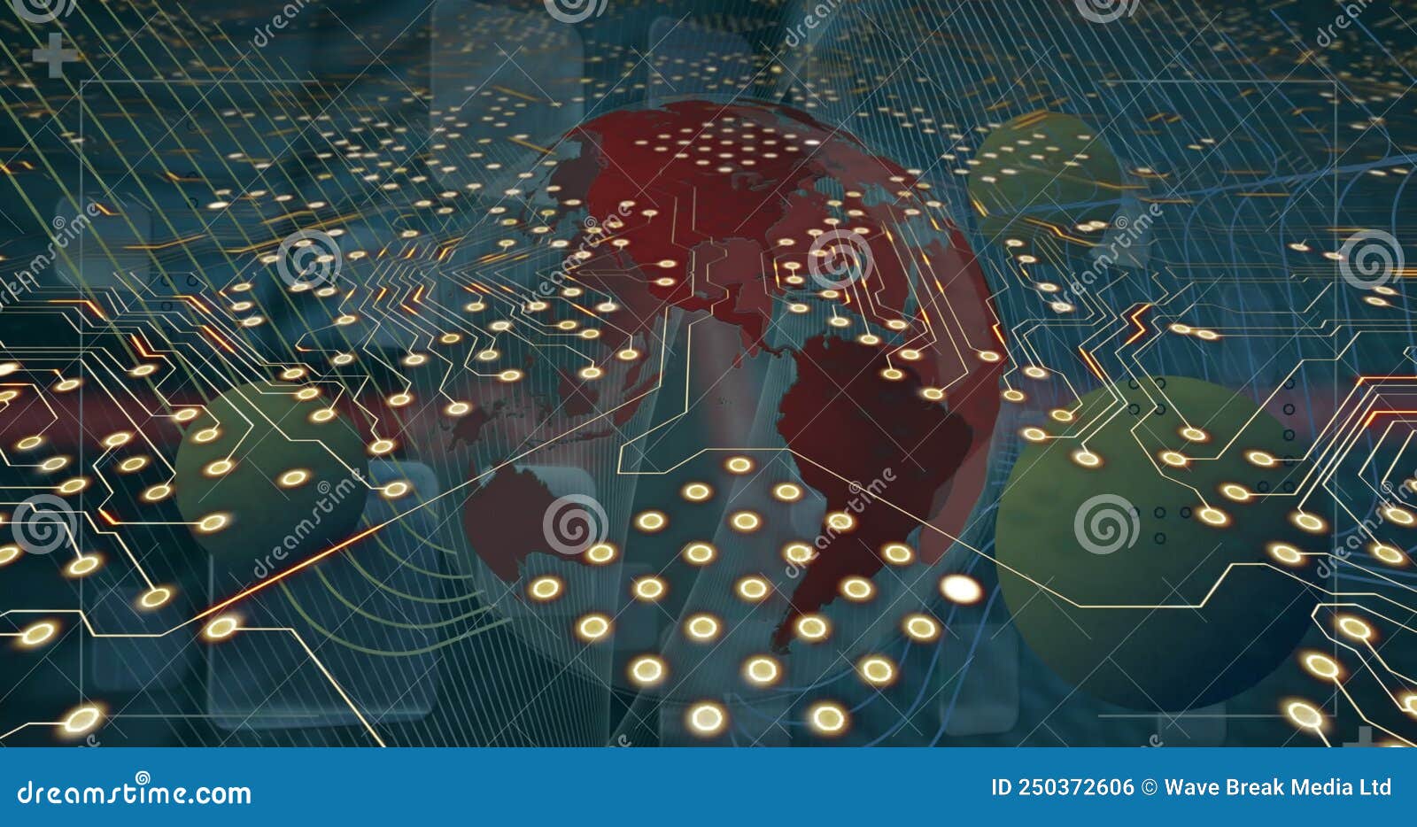 Animation of Computer Circuit Board Over Globe and Shapes on Blue ...