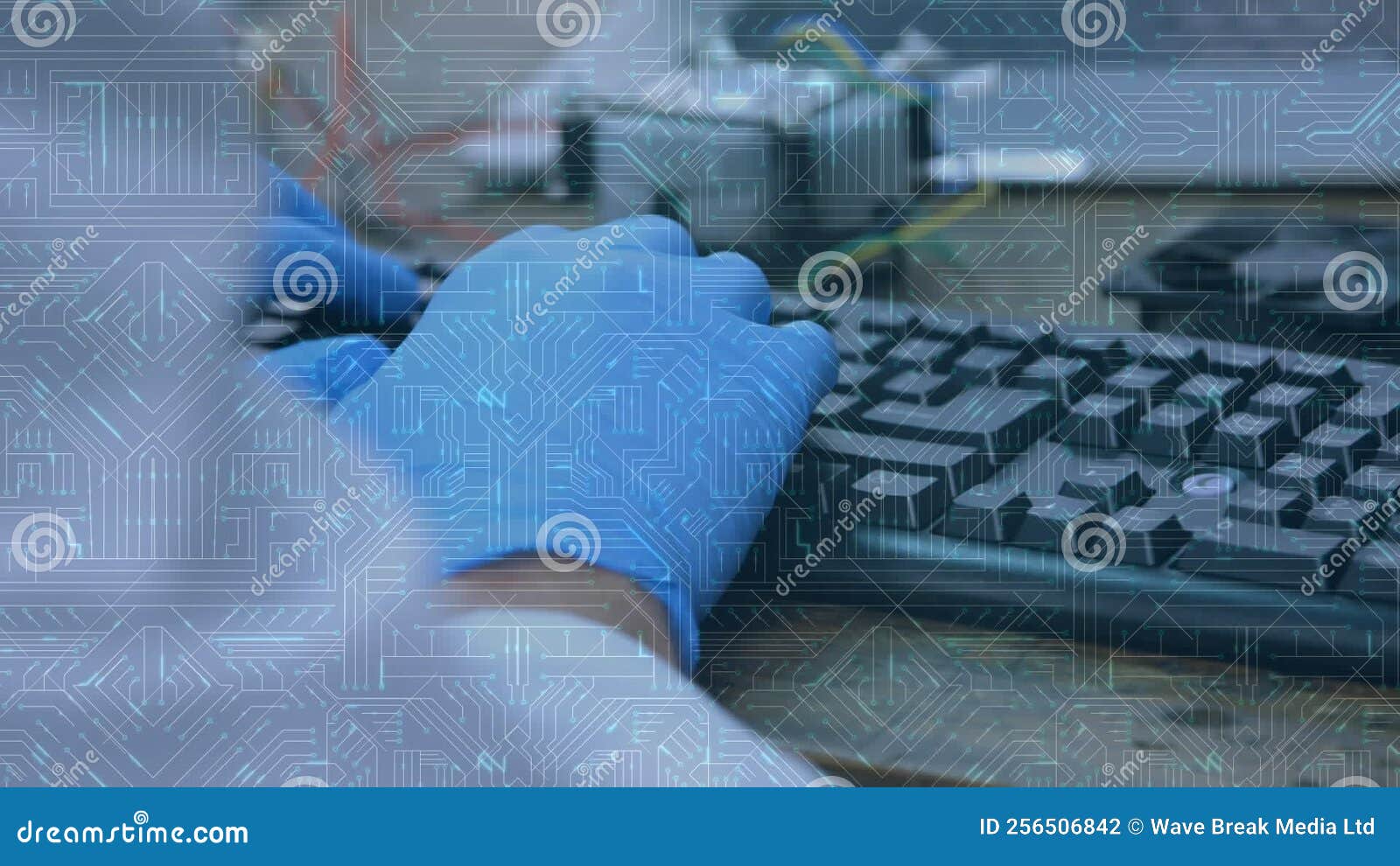 Animation of Computer Circuit Board Over Scientist in Gloves Using ...