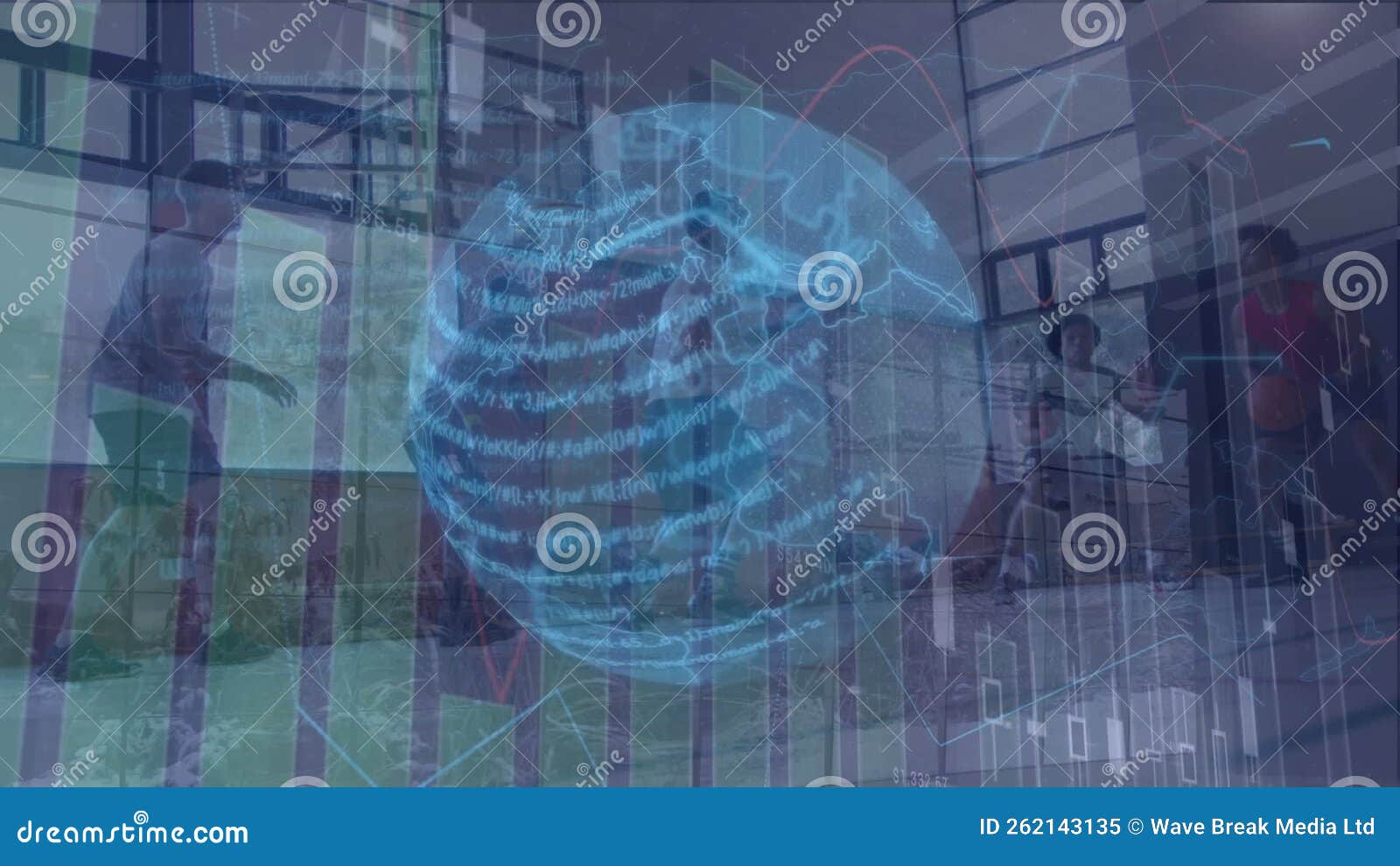 Animation of Computer Codes on Globe, Graphs, Diverse Male Players ...