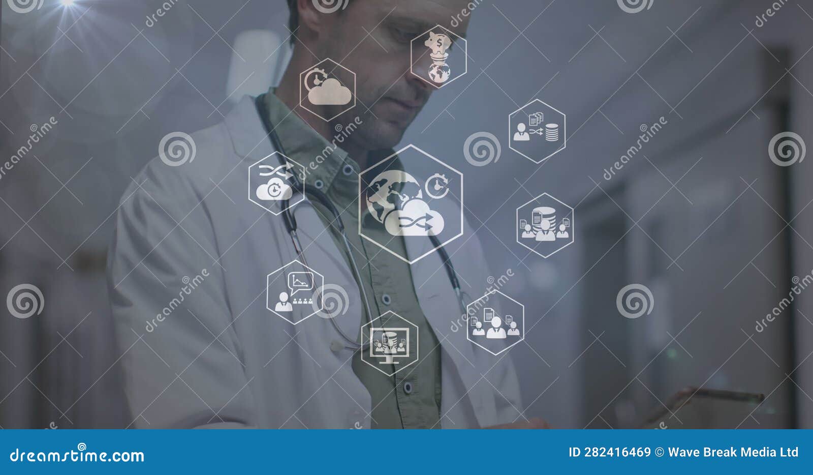 Animation of Computer Icon in Hexagons Over Lens Flares, Caucasian ...